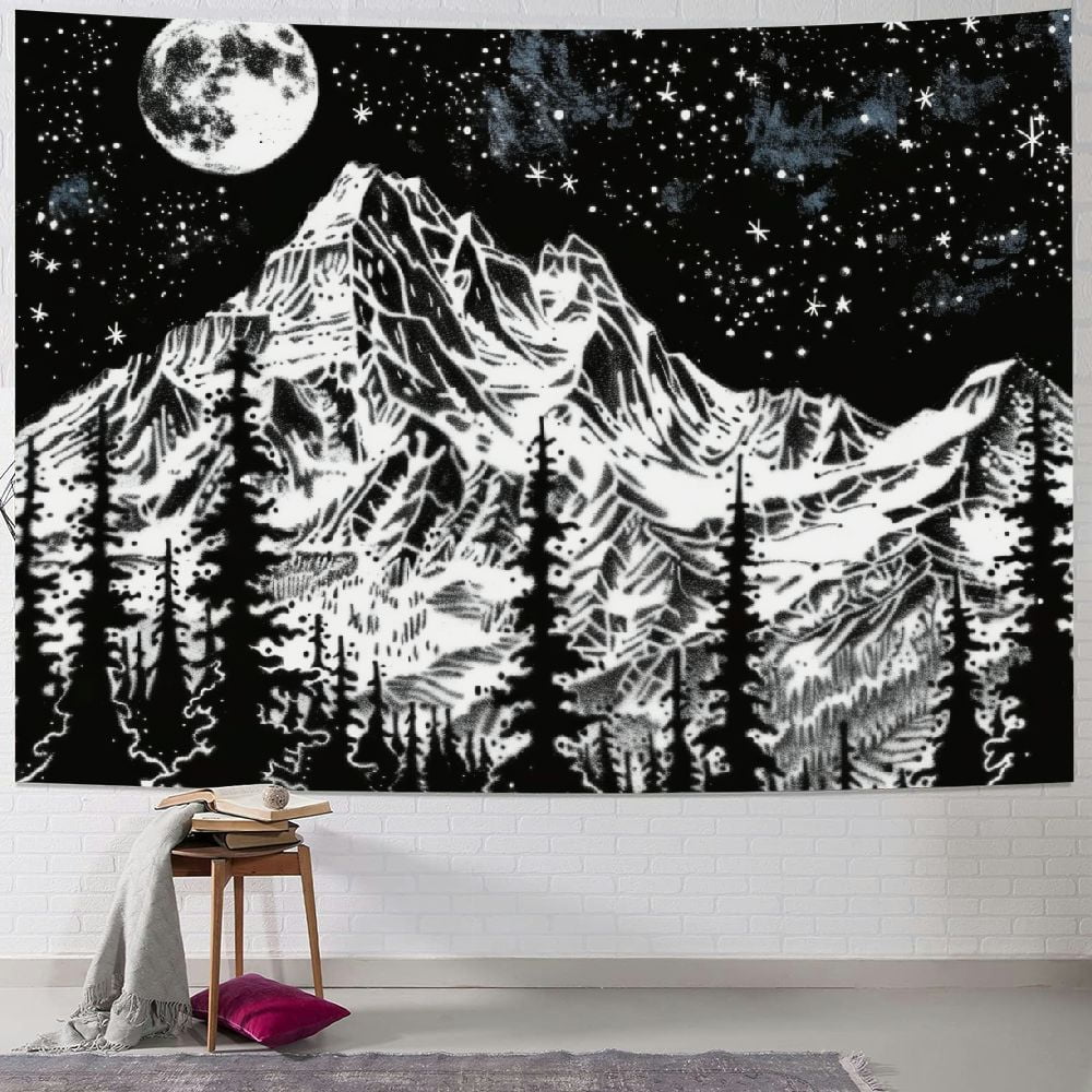 Nawypu Black and White Wall Tapestry for Bedroom, Forest Mountain Moon ...