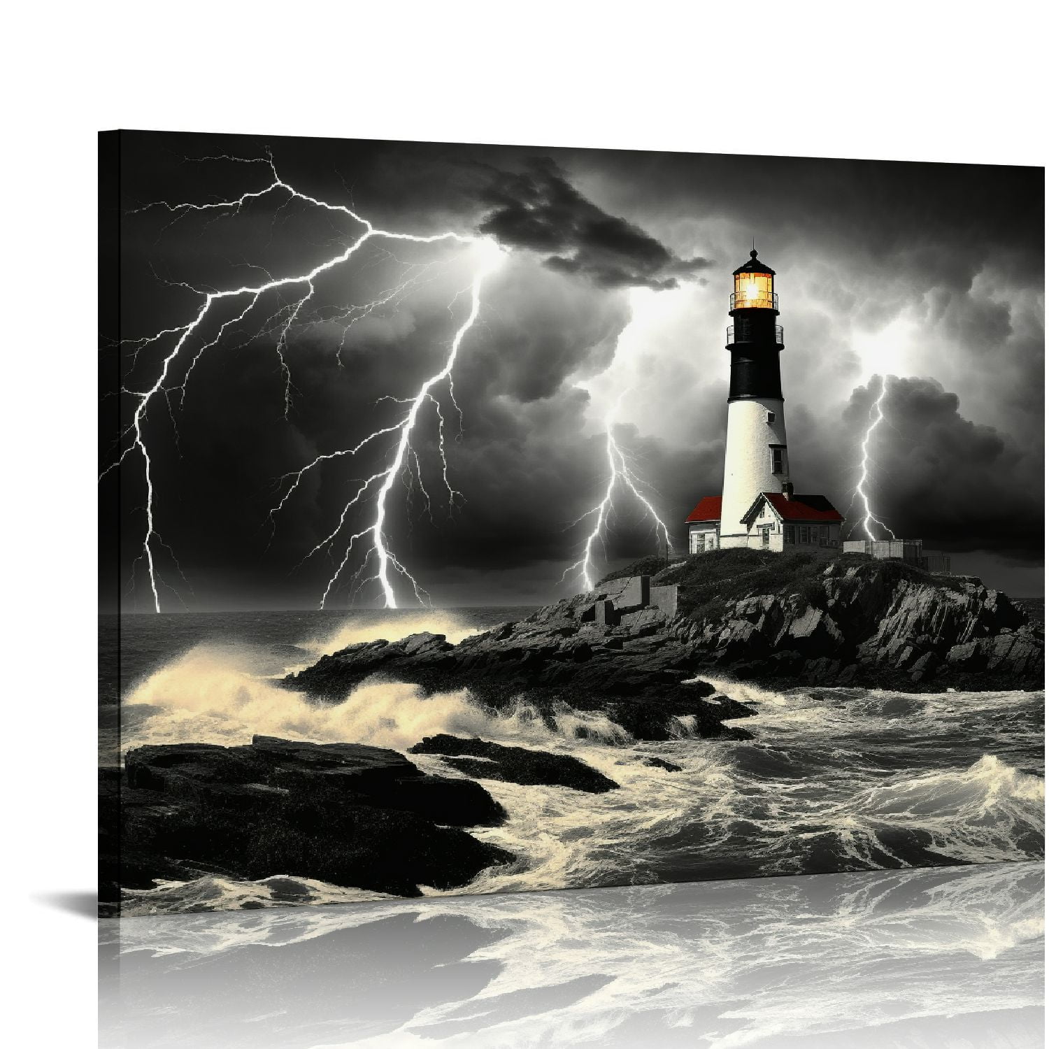 Nawypu Black and White Lightning Canvas Wall Art Lighthouse Pictures ...