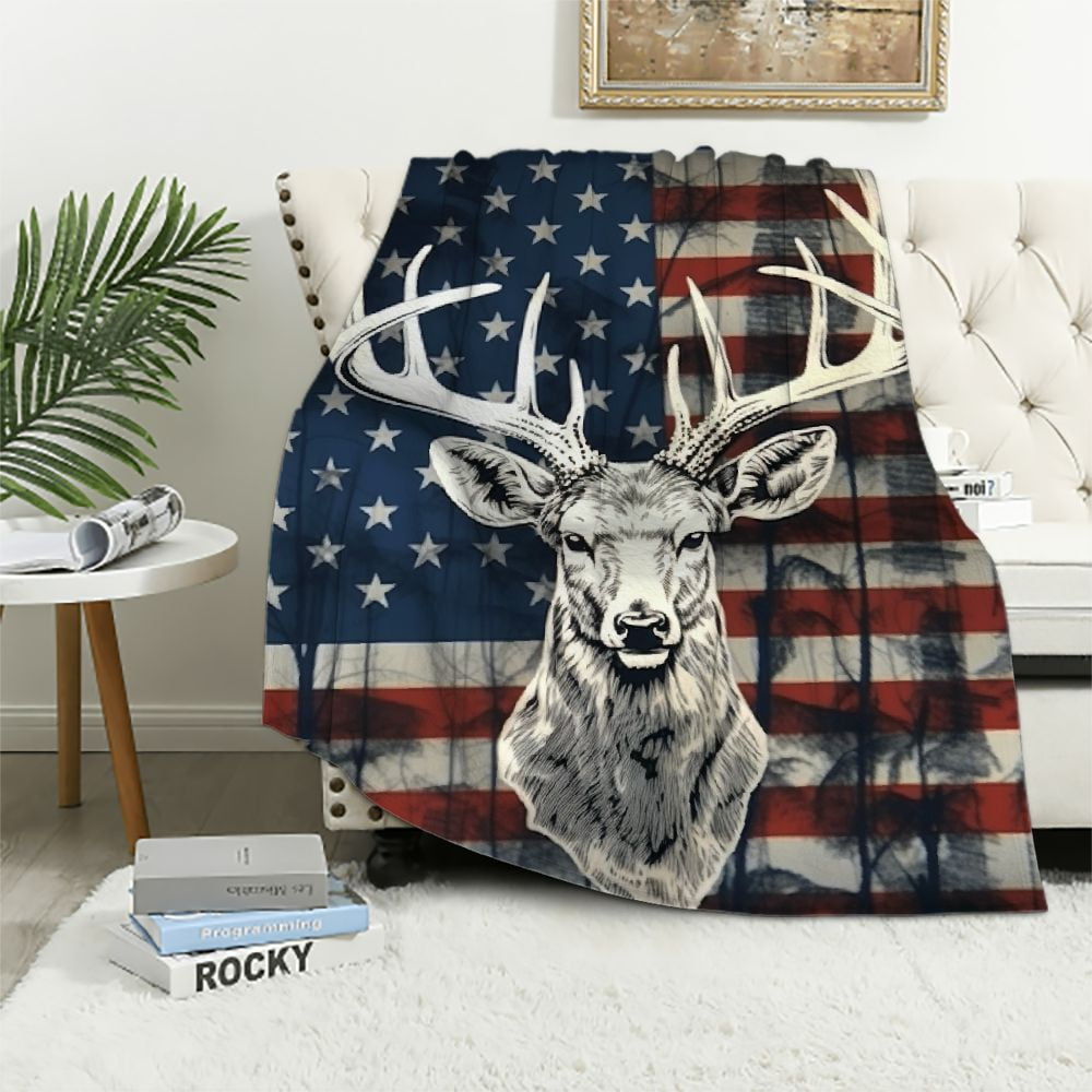 Nawypu Blanket American Flag Deer Plush Throw Blankets US Flags Elk ...