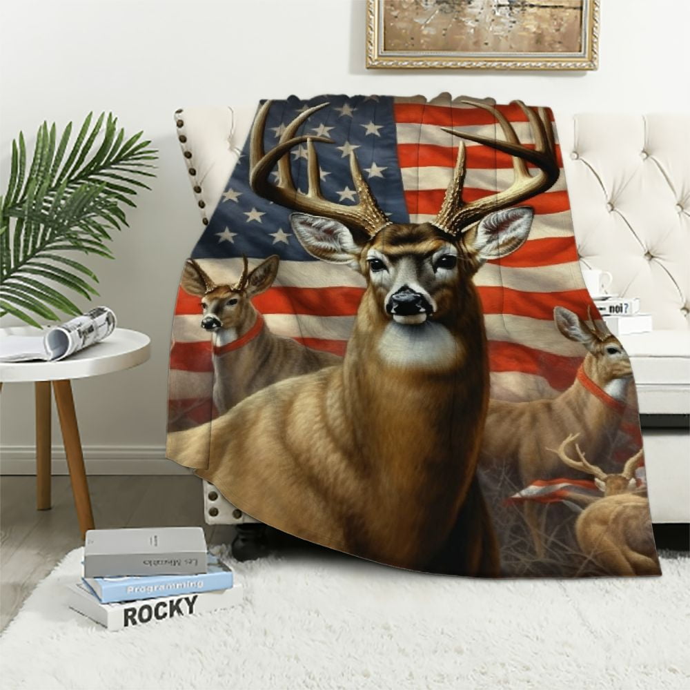 Nawypu Blanket American Flag Deer Plush Throw Blankets US Flags Elk ...