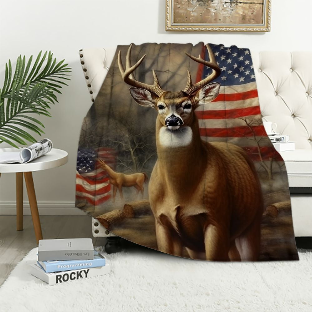 Nawypu Blanket American Flag Deer Plush Throw Blankets US Flags Elk ...