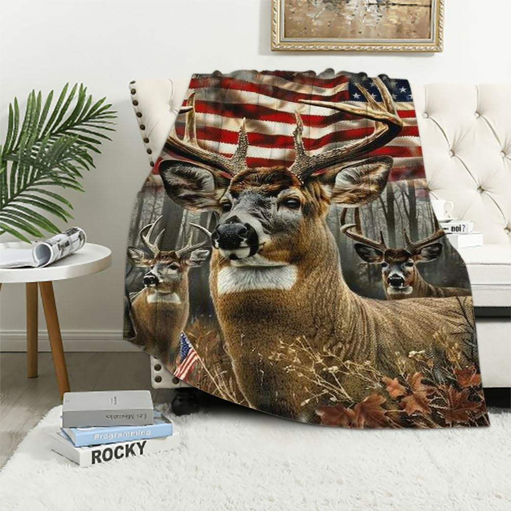 Nawypu Blanket American Flag Deer Plush Throw Blankets US Flags Elk ...
