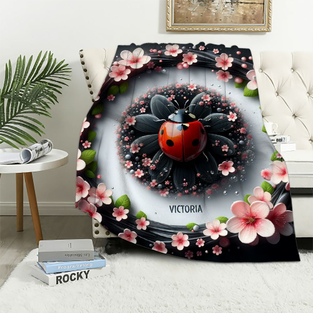 Nawypu Blanket with Name Text,Cute Ladybug on Pink Flower Super Soft ...