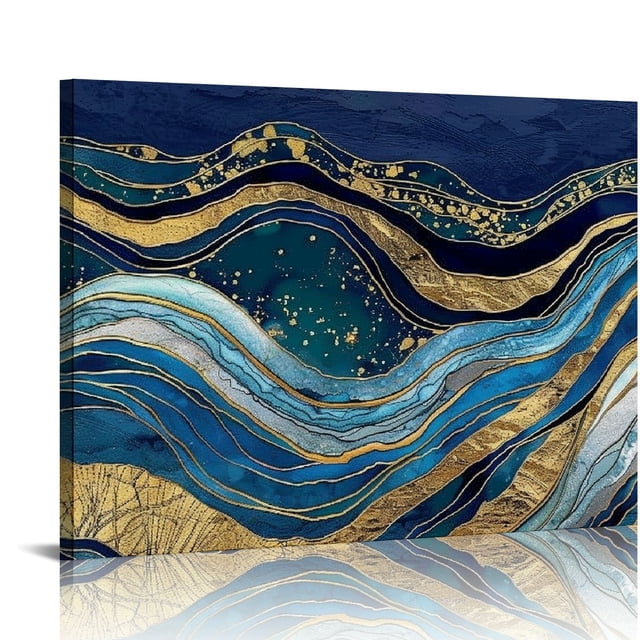Nawypu Blue Abstract Canvas Wall Art Blue Marble Paintings Gold Navy ...