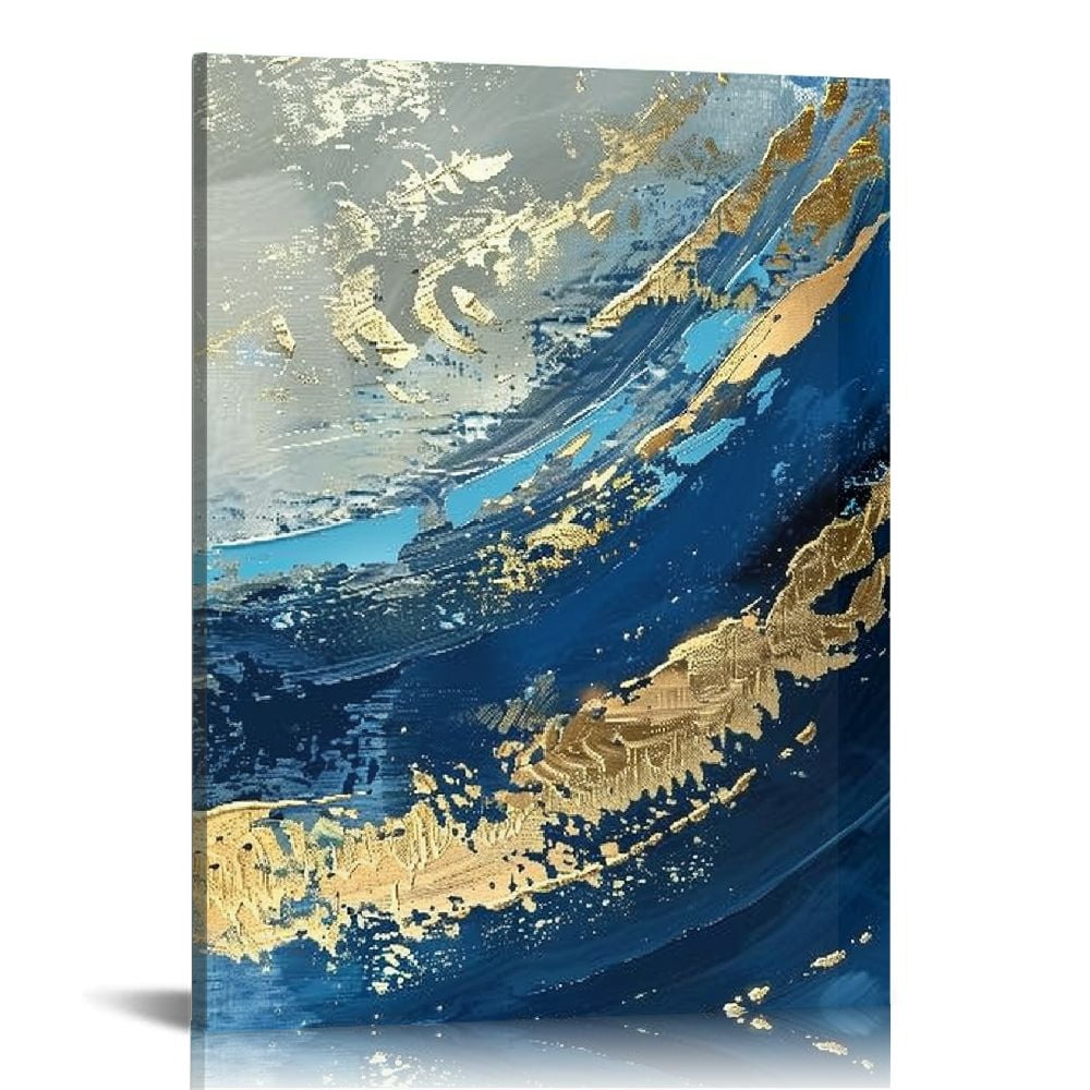 Nawypu Blue Abstract Picture Canvas Wall Art -Painted with Gold Foil ...