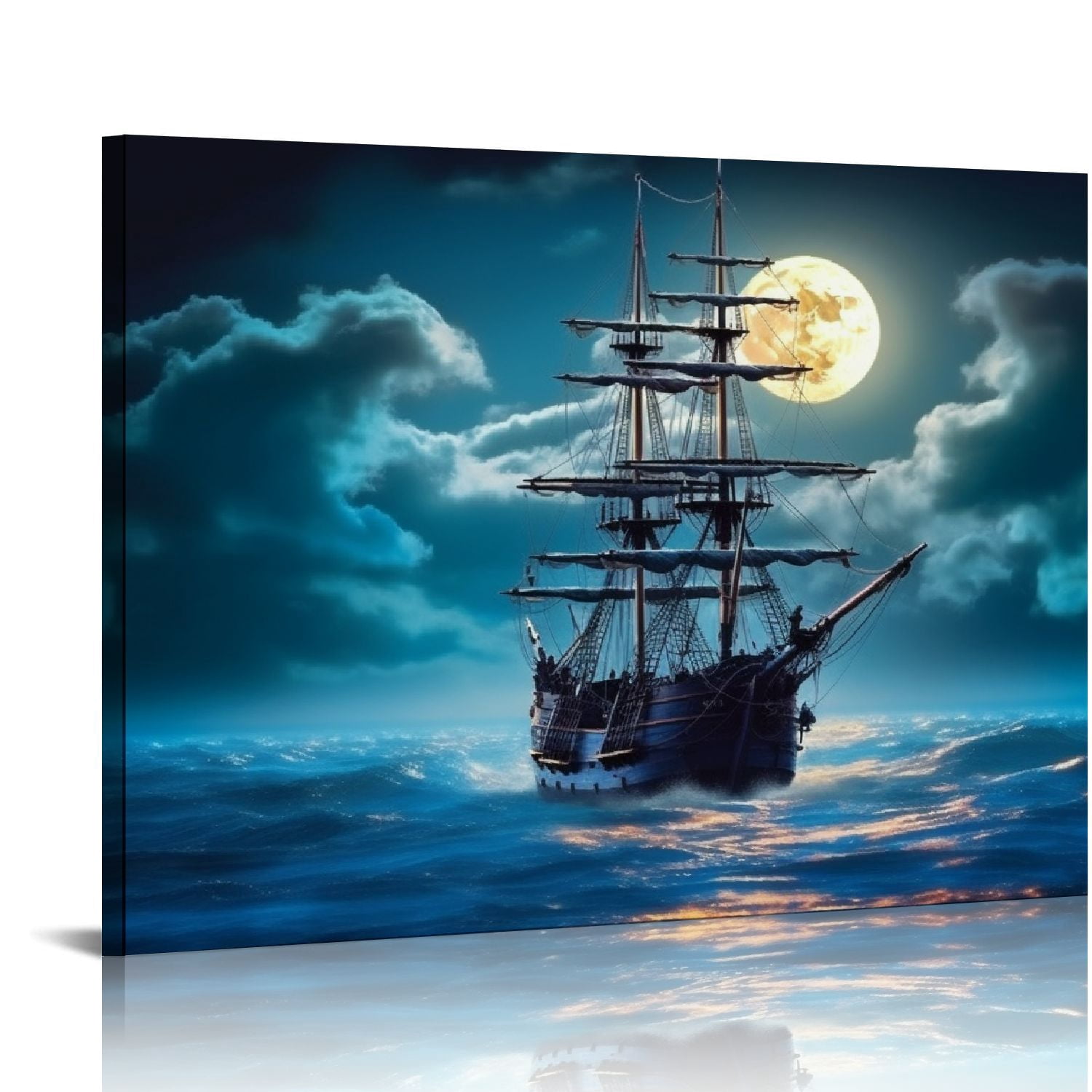 Nawypu - Blue Boat On Seascape and Moon in The Sky Wall Art Painting ...
