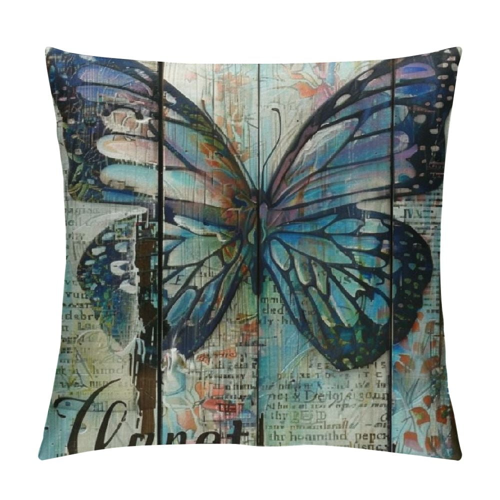 Nawypu Blue Butterfly Theme Throw Pillow Covers Wood Grain Cushion ...