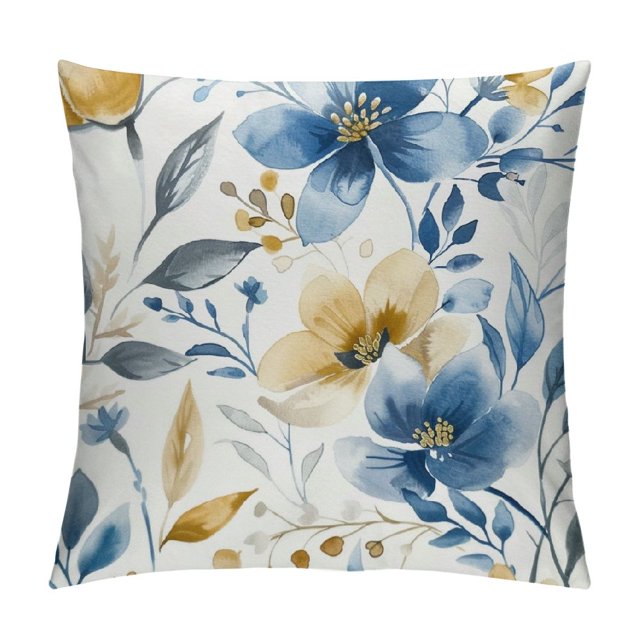 Nawypu Blue Floral Throw Pillow Covers Watercolor Flowers Leaves Decorative Pillows Soft Cushion ...