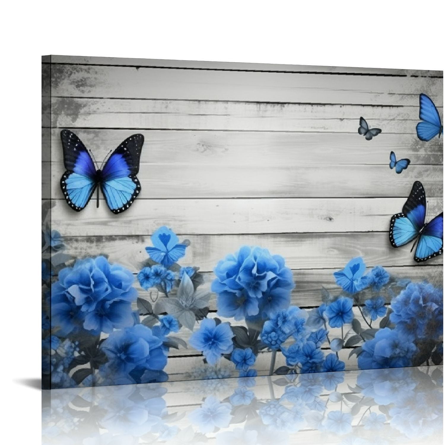 Nawypu Blue Flower Wall Art Butterfly Canvas Pints Wall Decor Grey and ...