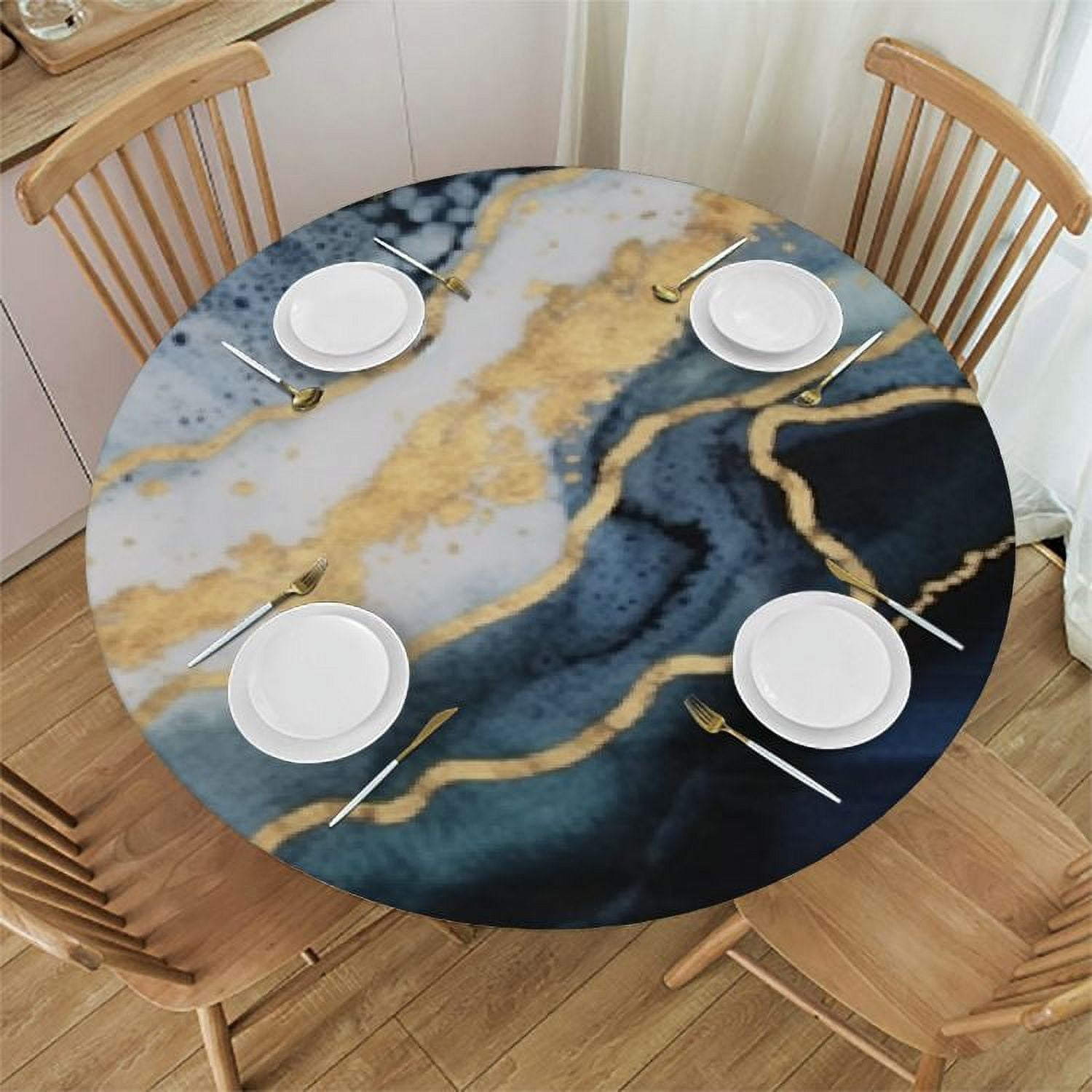 Nawypu Blue Gold Marble Tablecloth Round Stone Texture Liquid Paint ...