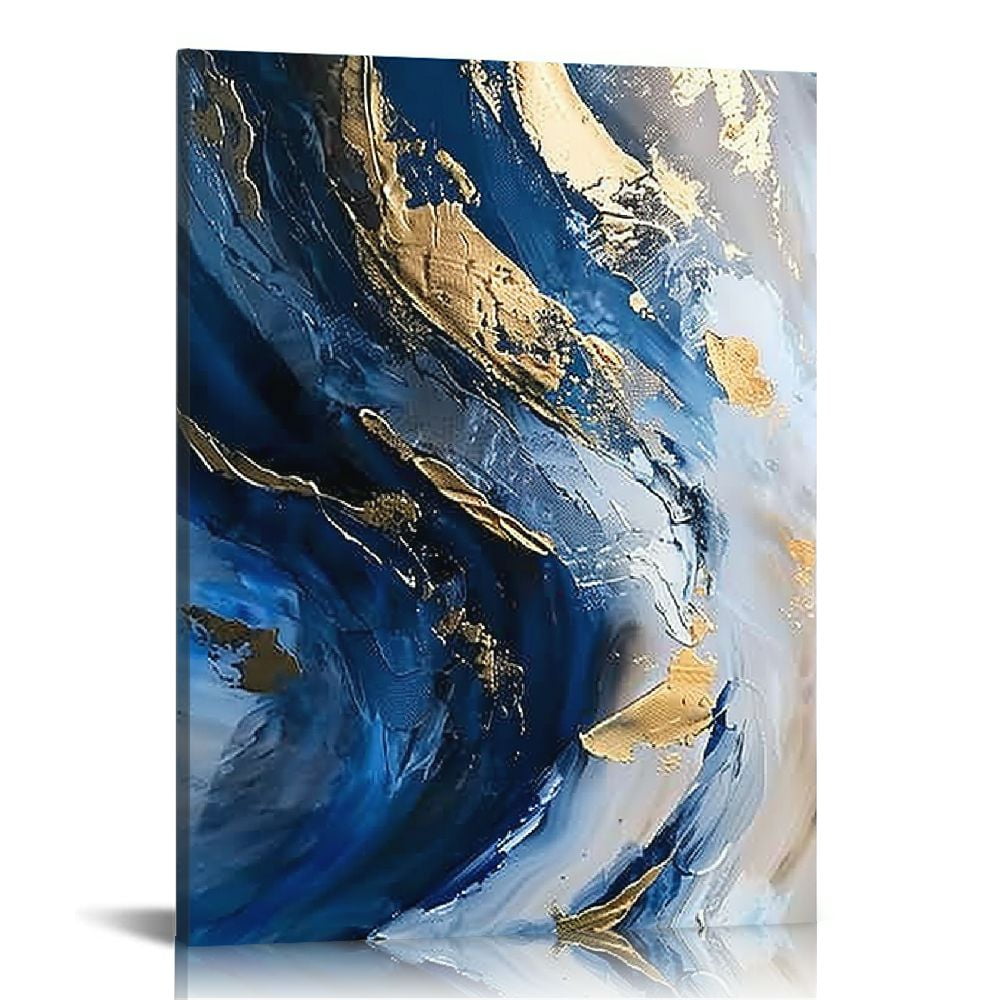 Nawypu Blue Gold Wall Art Poster Abstract Canvas Painting Navy And ...