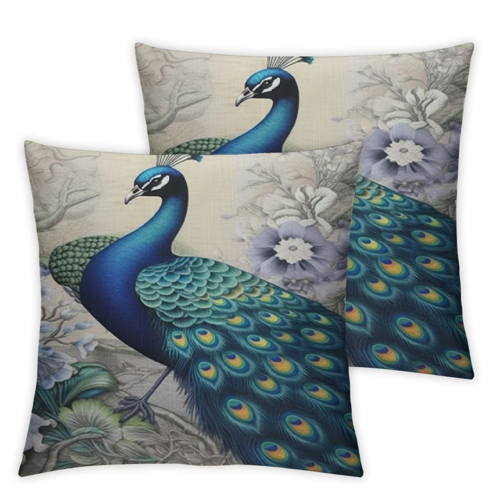 Nawypu Blue Peacock Pillow Cover 2pcs Beautiful Watercolor Flowers ...