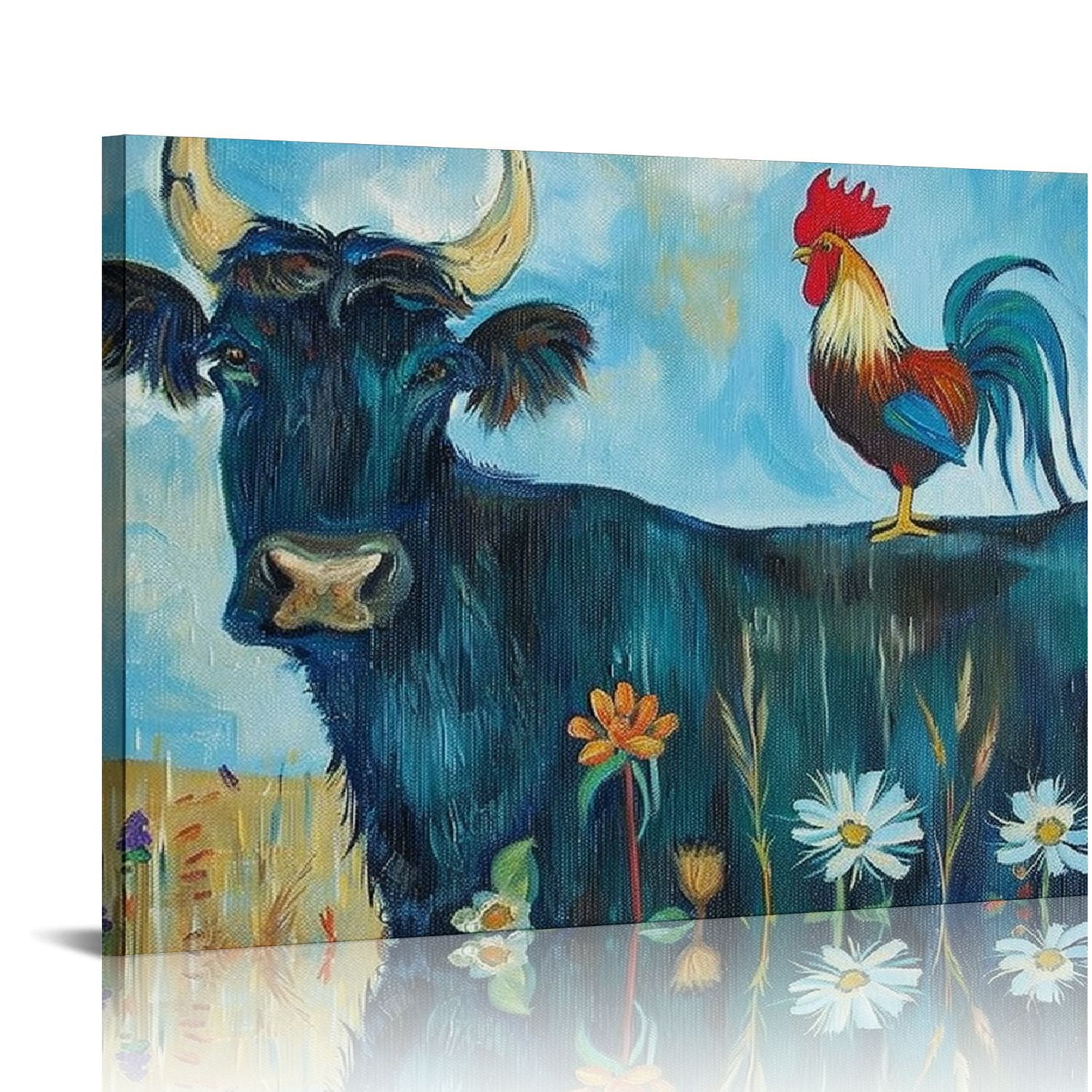 Nawypu Blue Tinted Cow and Rooster Pasture Painting Canvas Wall Art ...