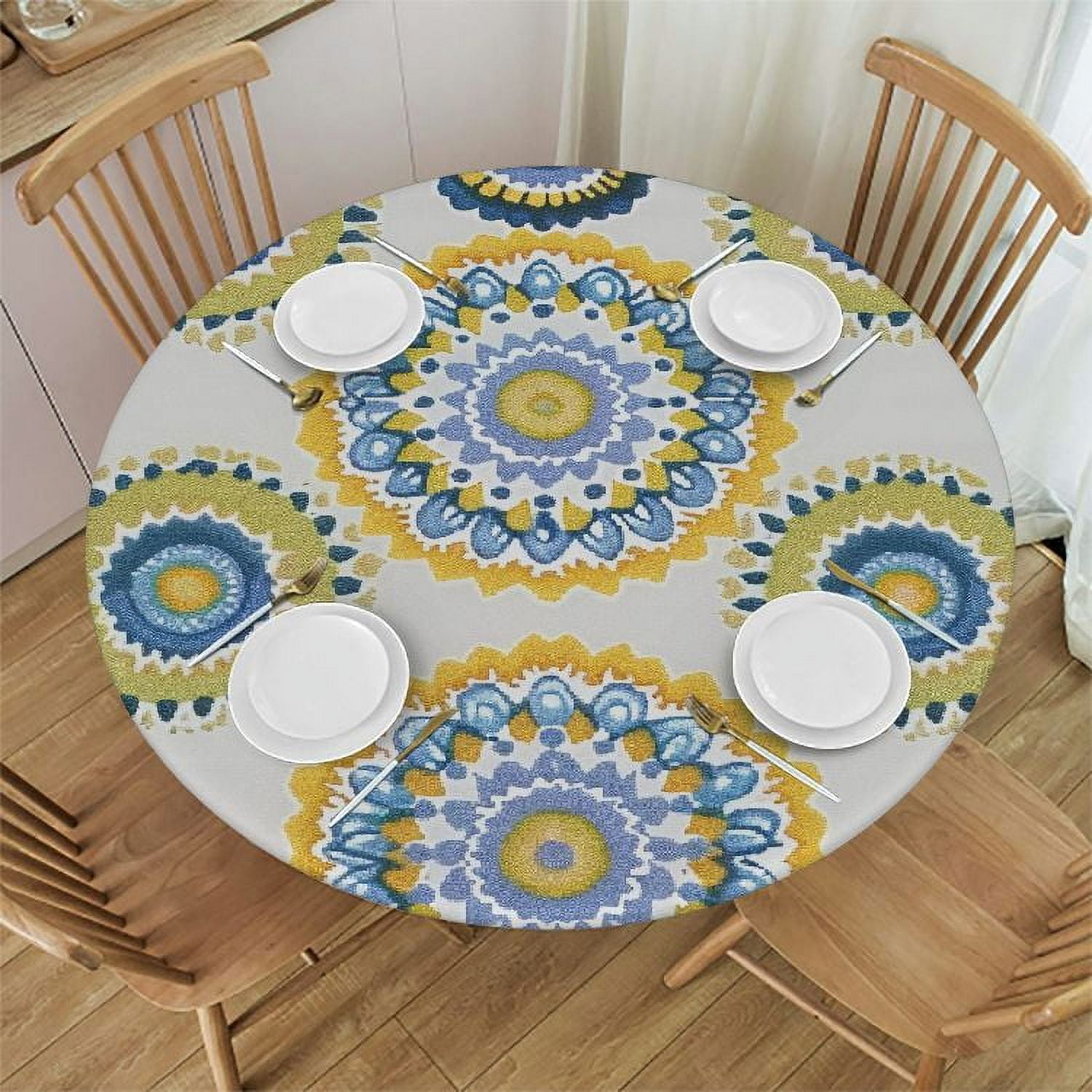 Nawypu Blue Yellow Elastic Edged Polyester Fitted Table Cover Golden ...