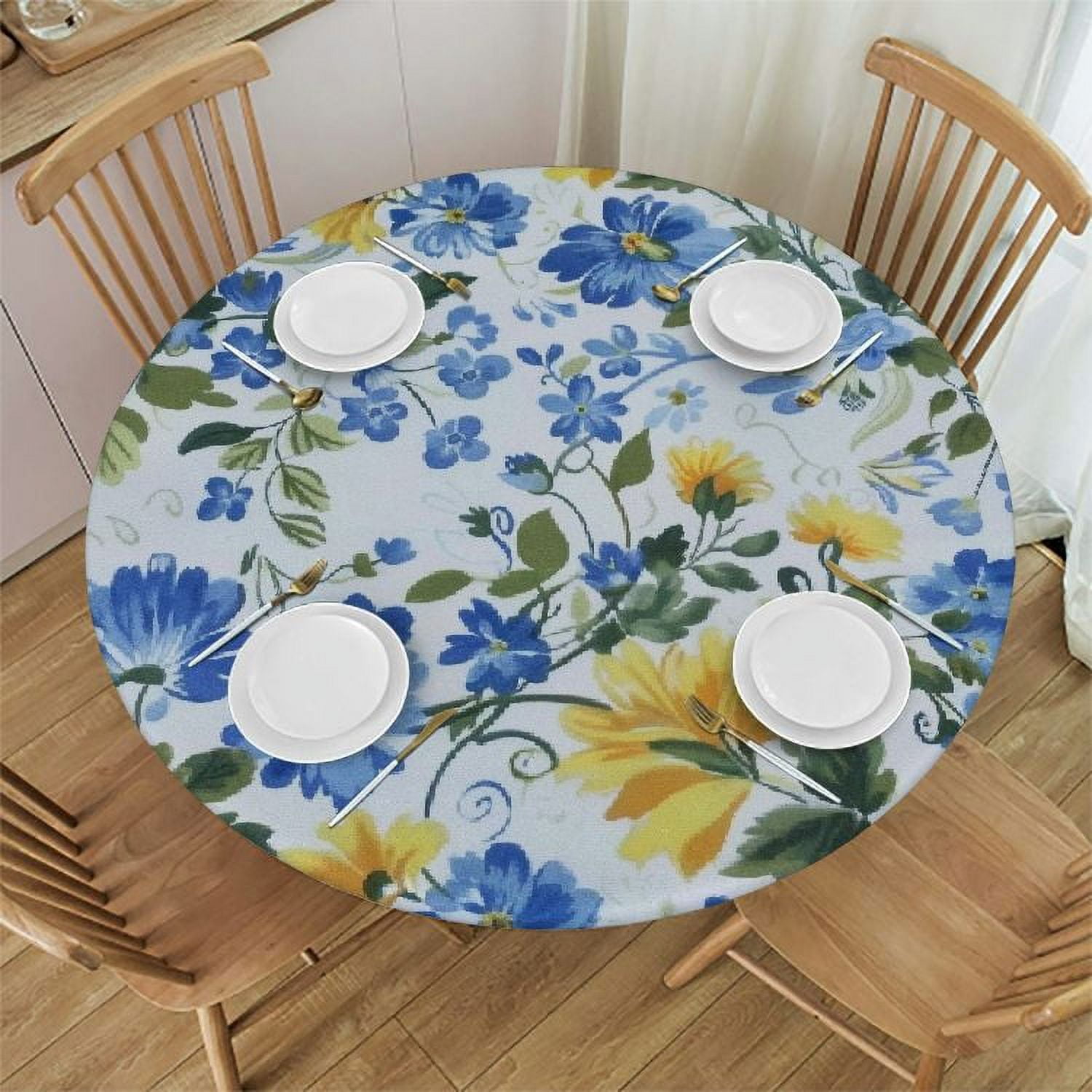 Nawypu Blue Yellow Floral Leaf Round Tablecloth Summer Spring ...