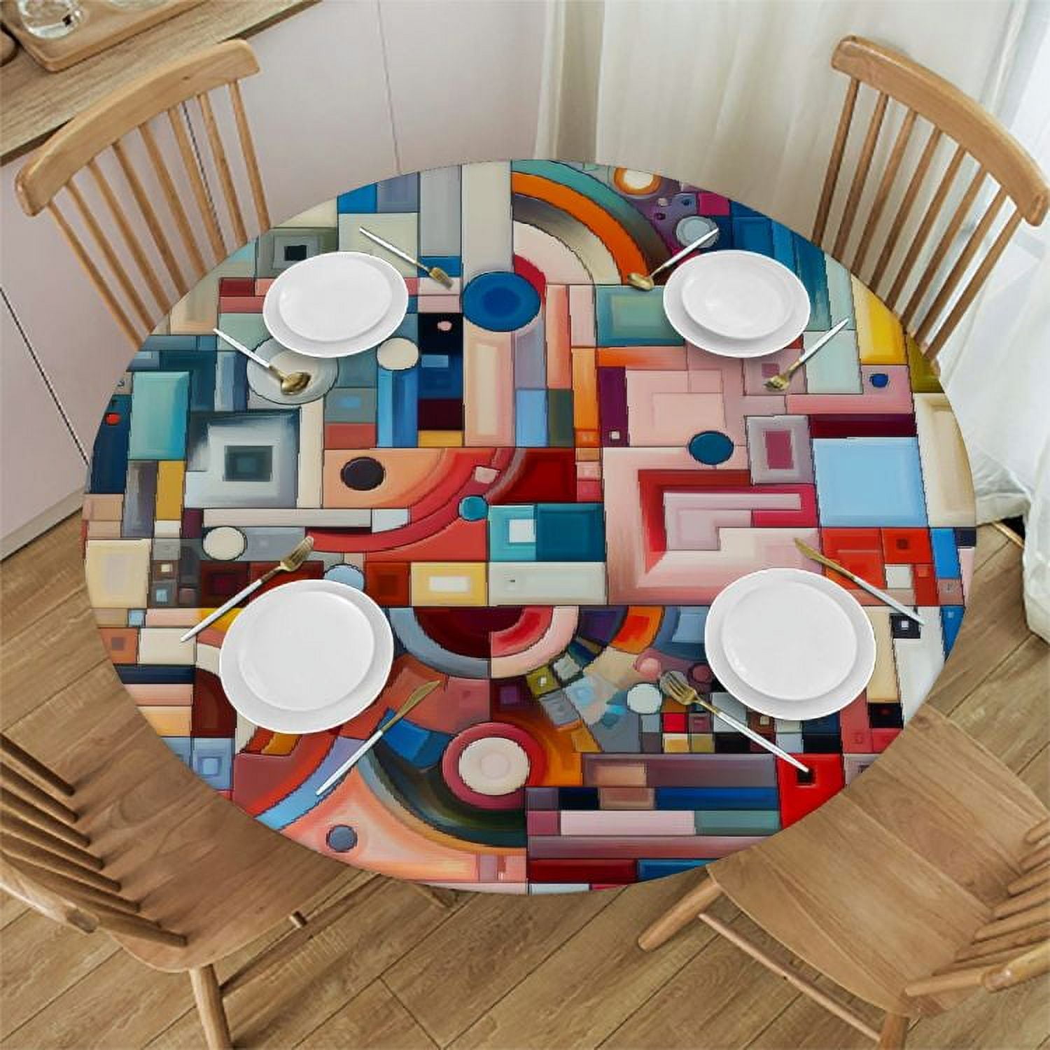 Nawypu Blue Yellow Geometric Round Tablecloth, Fitted Table Cover with ...