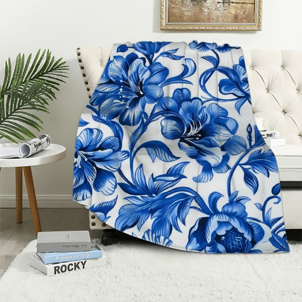 Nawypu Blue and White Porcelain Print Blanket for Bed Sofa Camping ...