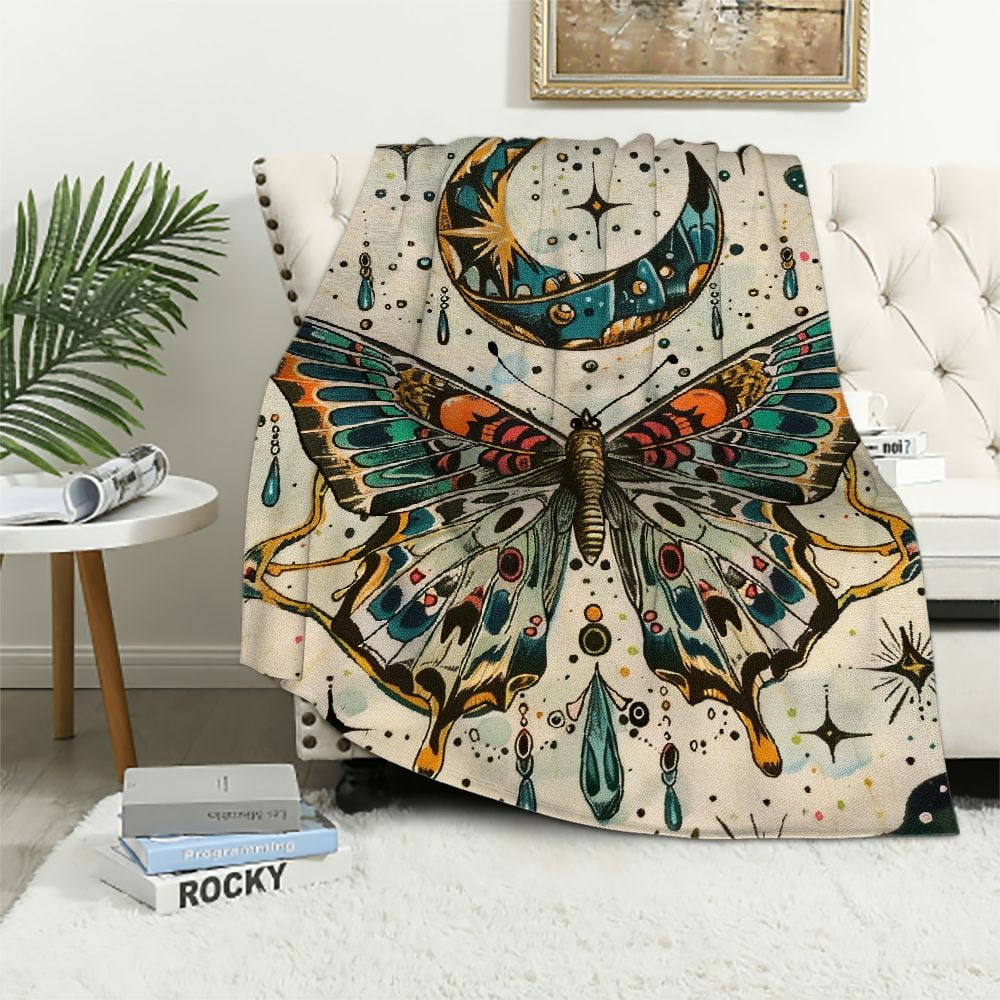 Nawypu Boho Butterfly Throw Blanket, Bohemian White and Green Moth Cozy ...