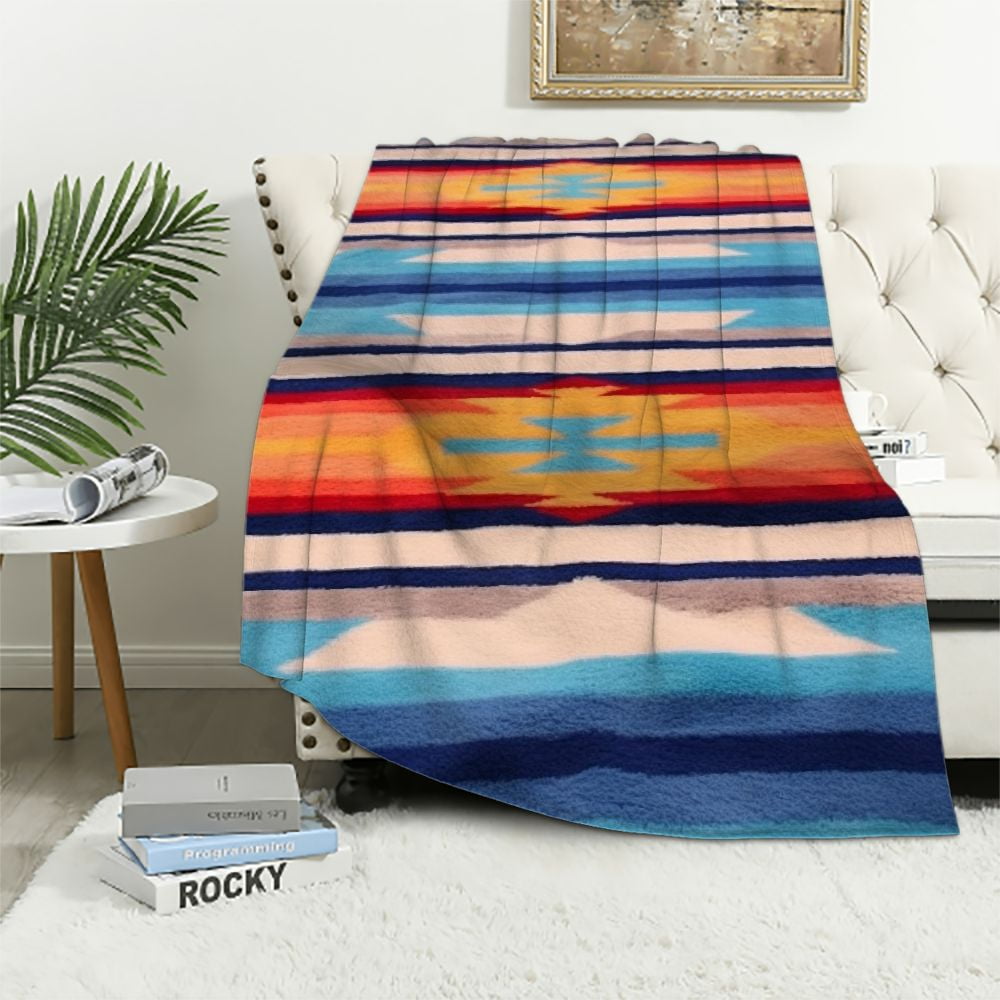 Nawypu Boho Flannel Sherpa Throw Blanket, Reversible Colorful Blue ...