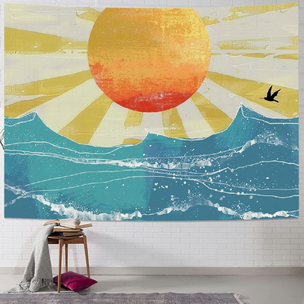 Nawypu Boho Ocean Sunrise Tapestry Waves Mid Century Modern Style ...