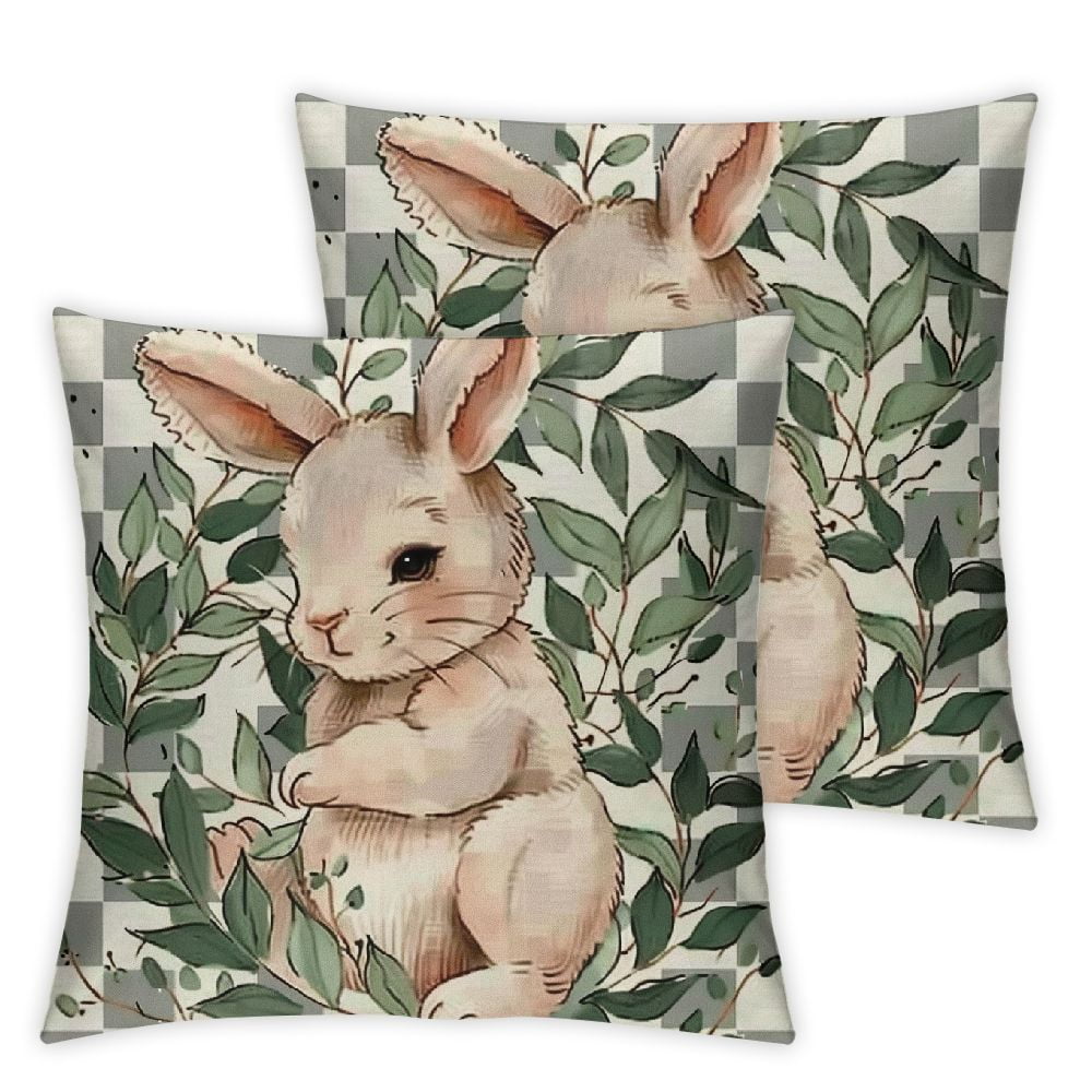 Nawypu Buffalo Plaid Happy Easter Bunny Pillow Covers Eucalyptus Leaves ...
