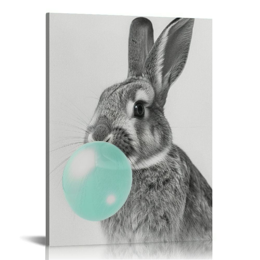 Nawypu Bunny Rabbit Animal Bubble Gum Art Teal Blue Canvas Print Black ...