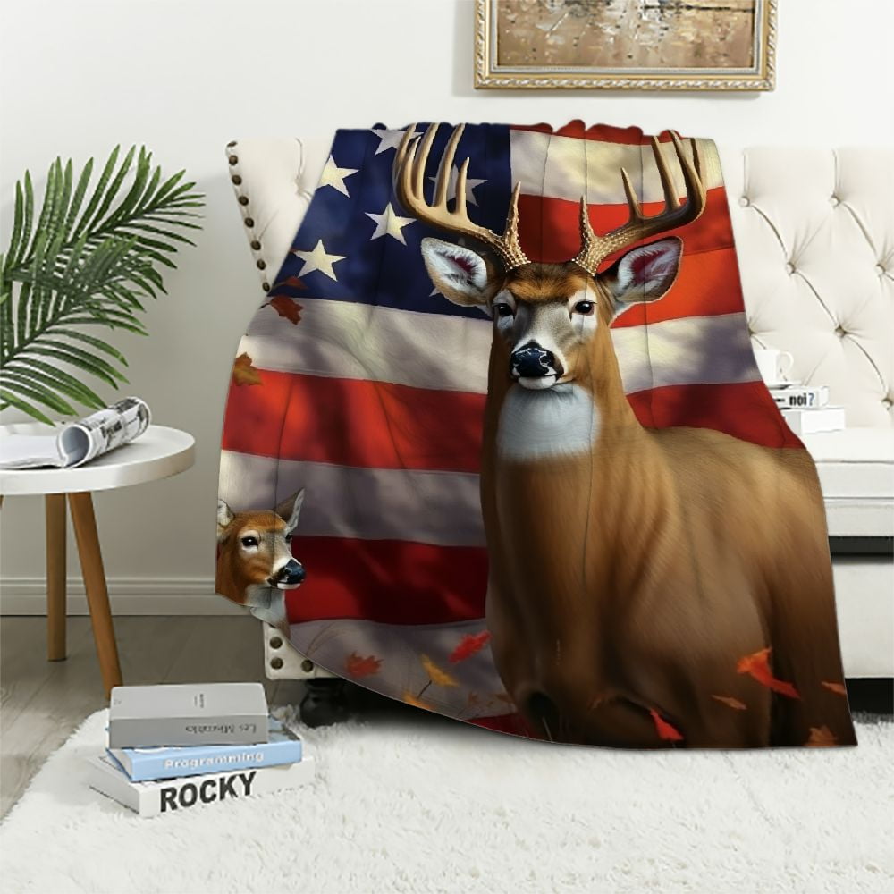 ONETECH Cabin Blanket Soft Cozy American Flag Animal Elk Throw Blanket ...