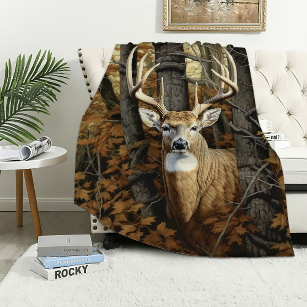 Nawypu Camo Buck Deer Blanket for Bed, Queen Size Woodland Throw ...