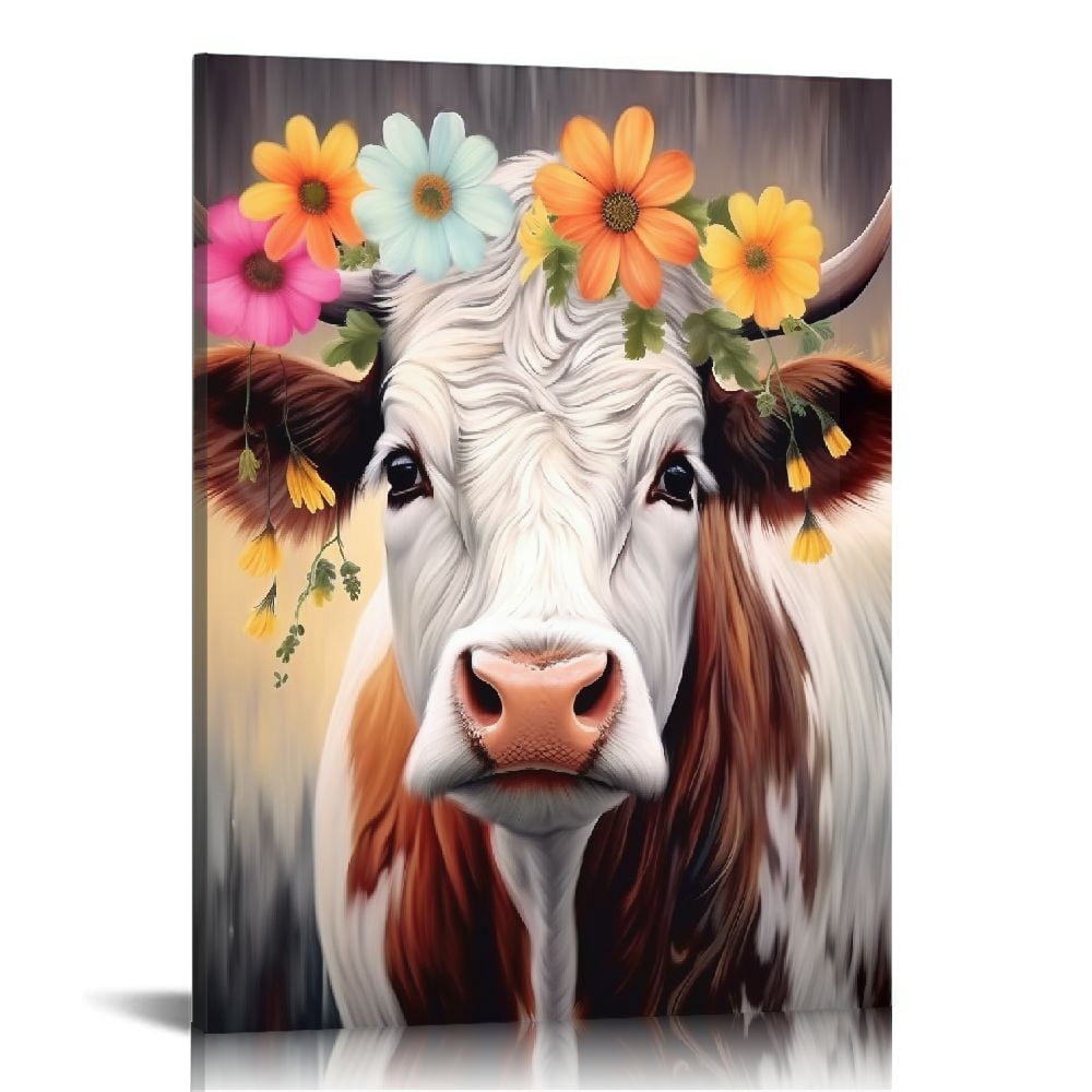 Nawypu Canvas Painting Flower Cow Wall Art Picture Large Elegant Floral ...
