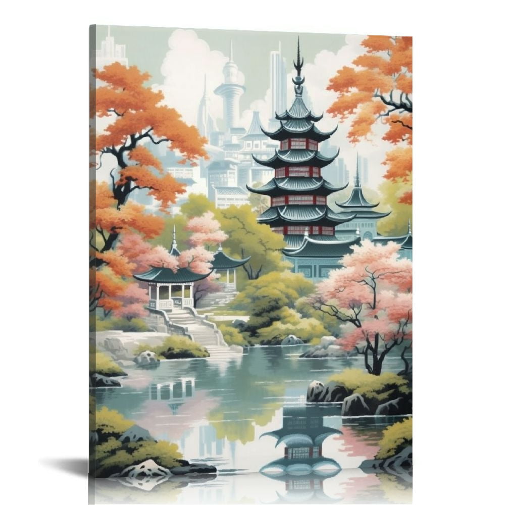 Nawypu Canvas Print Chinoiserie Pagoda White Coral Blue Classic Wall ...