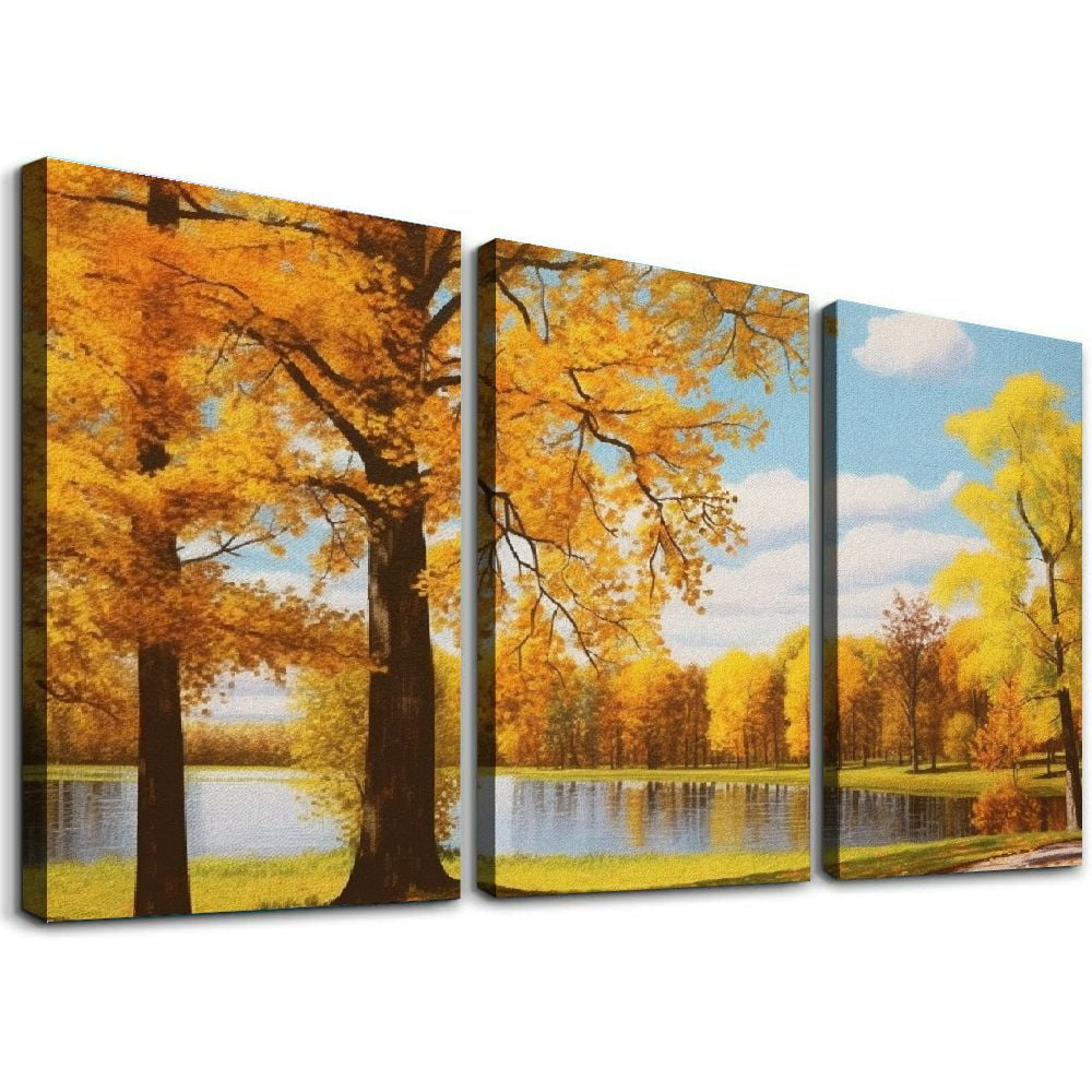 Nawypu Canvas Print Wall Art Vibrant Golden Yellow Autumn Tree Pond ...