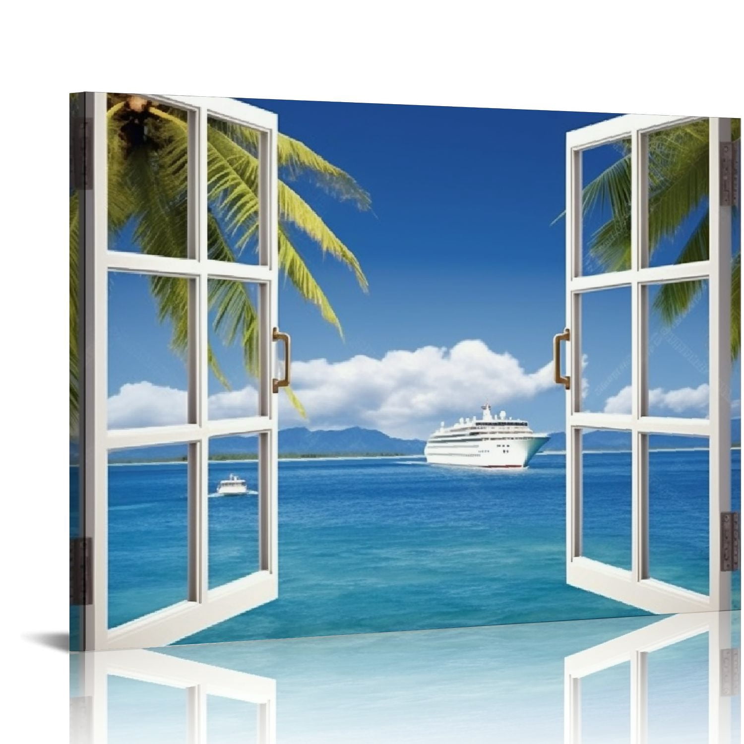 Nawypu Canvas Print Wall Art Window View of Tropical Beach Cruise Ship ...