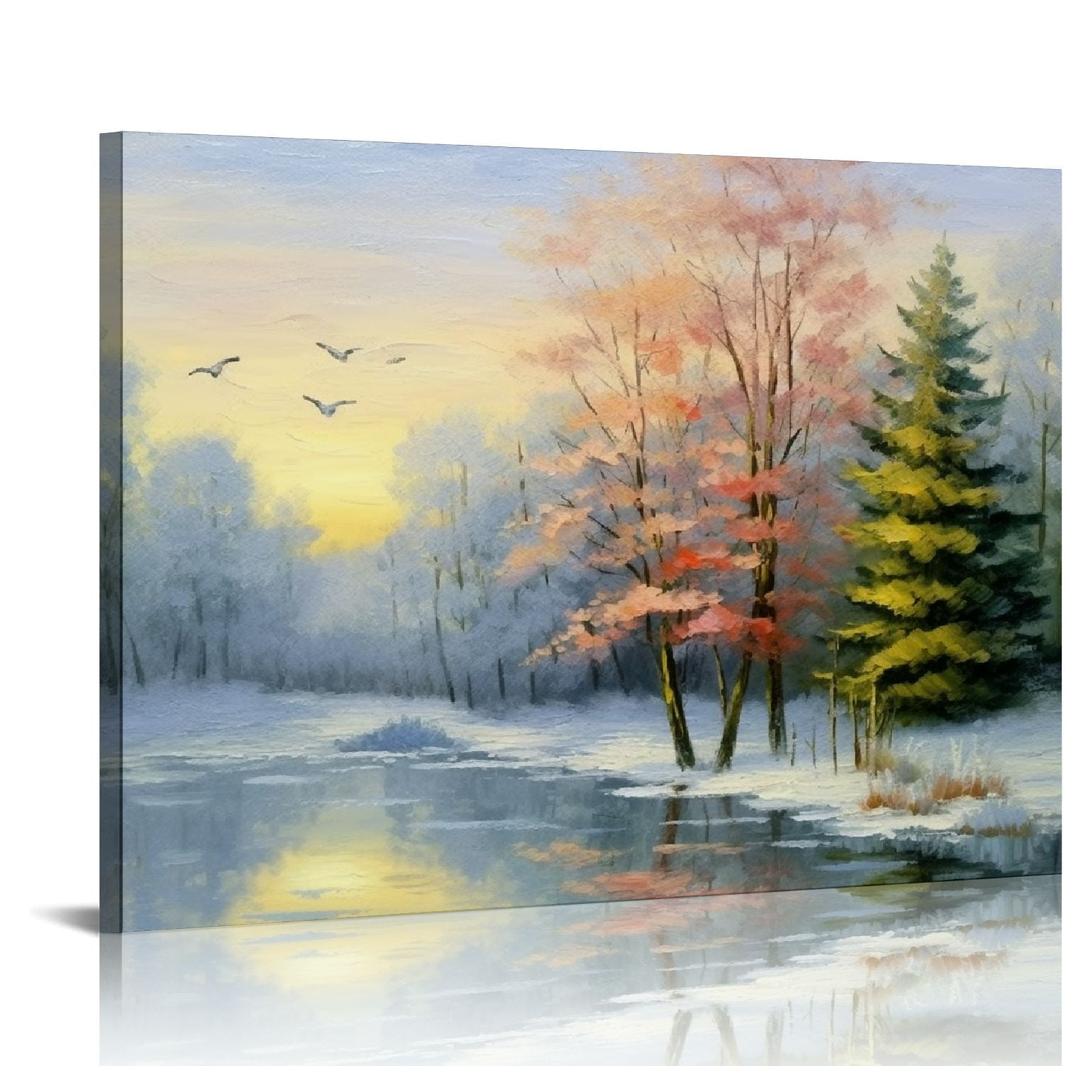 Nawypu Canvas Print Wall Art Winter Forest Landscape with Frozen Lake ...