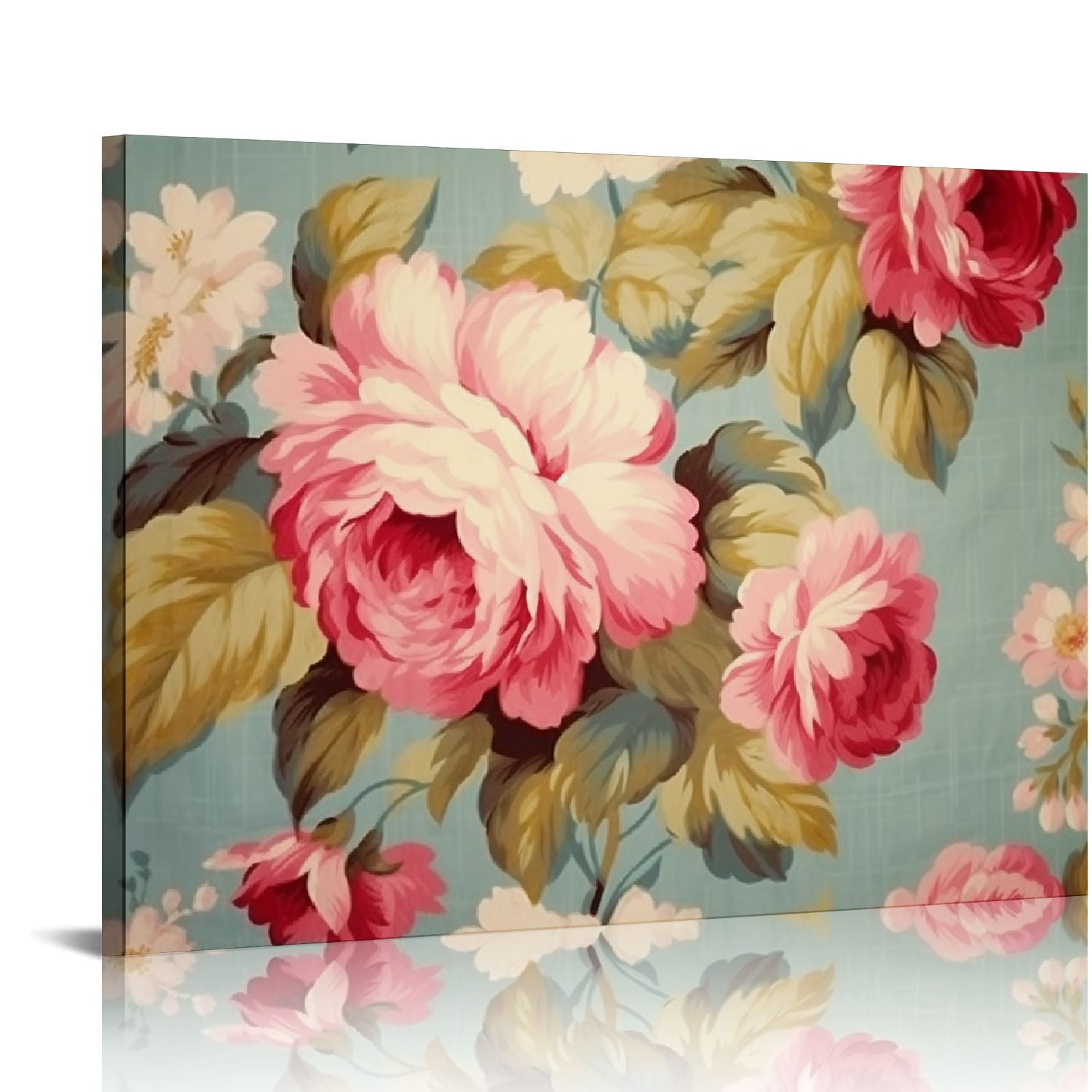 Nawypu Canvas Prints Pink Cabbage Roses Romantic Aqua Retro Painting On ...