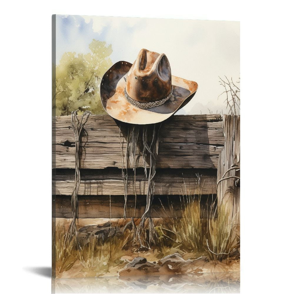 Nawypu Canvas Prints Wall Art American West Rodeo Cowboy White Straw Hat on Leather Rancher ...