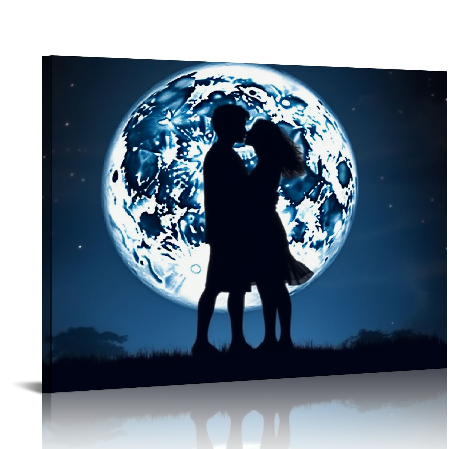 Nawypu Canvas Prints Wall Art - Silhouette of Loving Couple Kissing Against The Full Moon ...