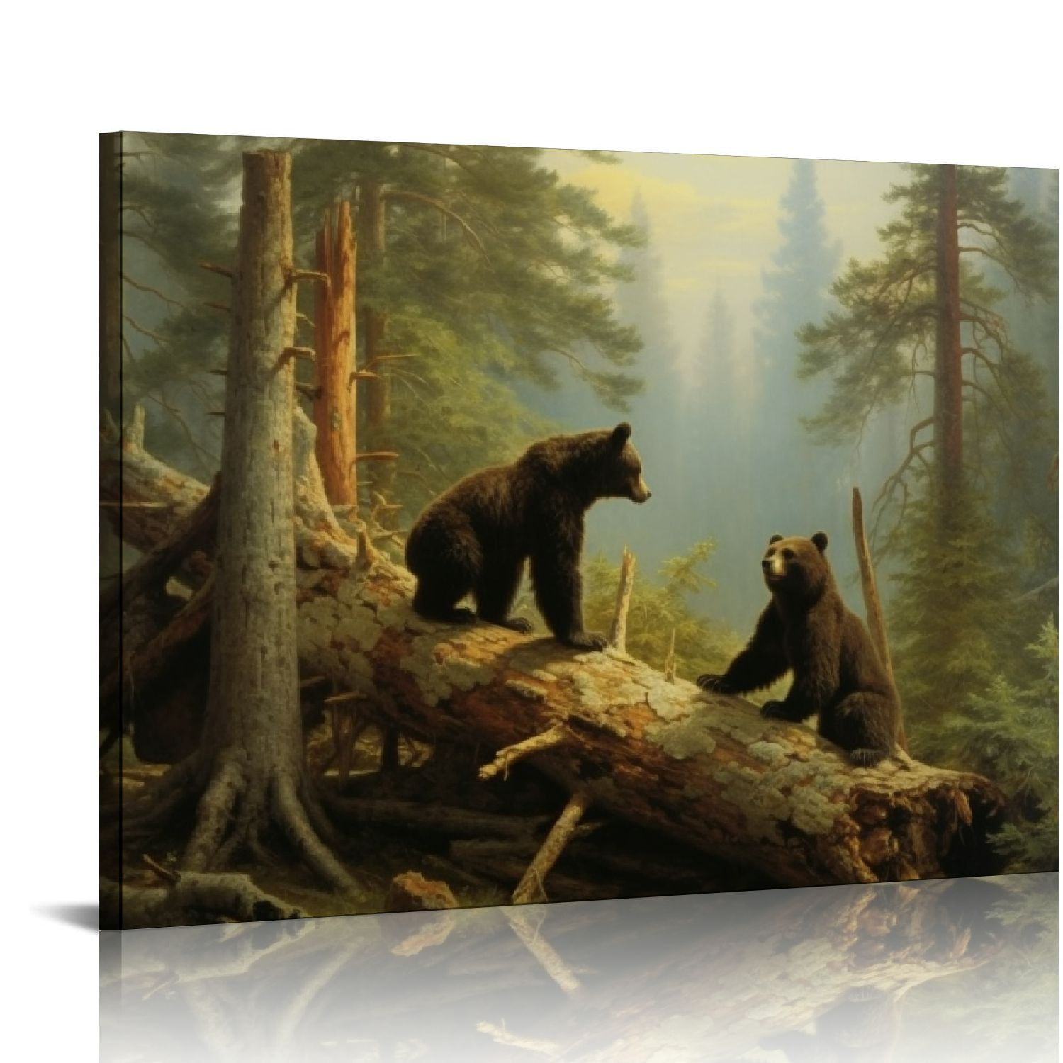 Nawypu Canvas Wall Art - Black Bears Playing on Fallen Broken Tree ...