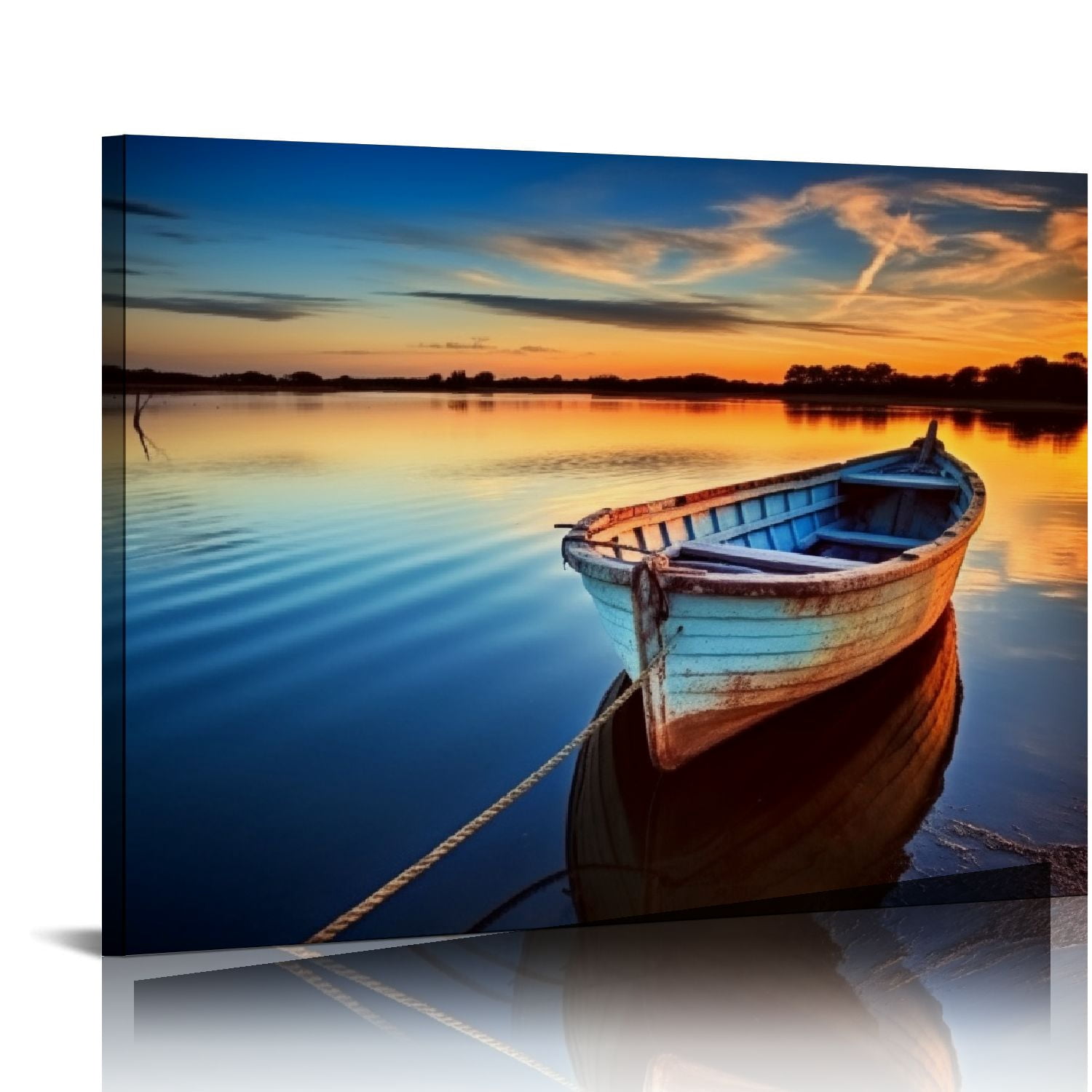 Nawypu Canvas Wall Art Boat Blue Lake Water Sunset Panoramic Painting ...
