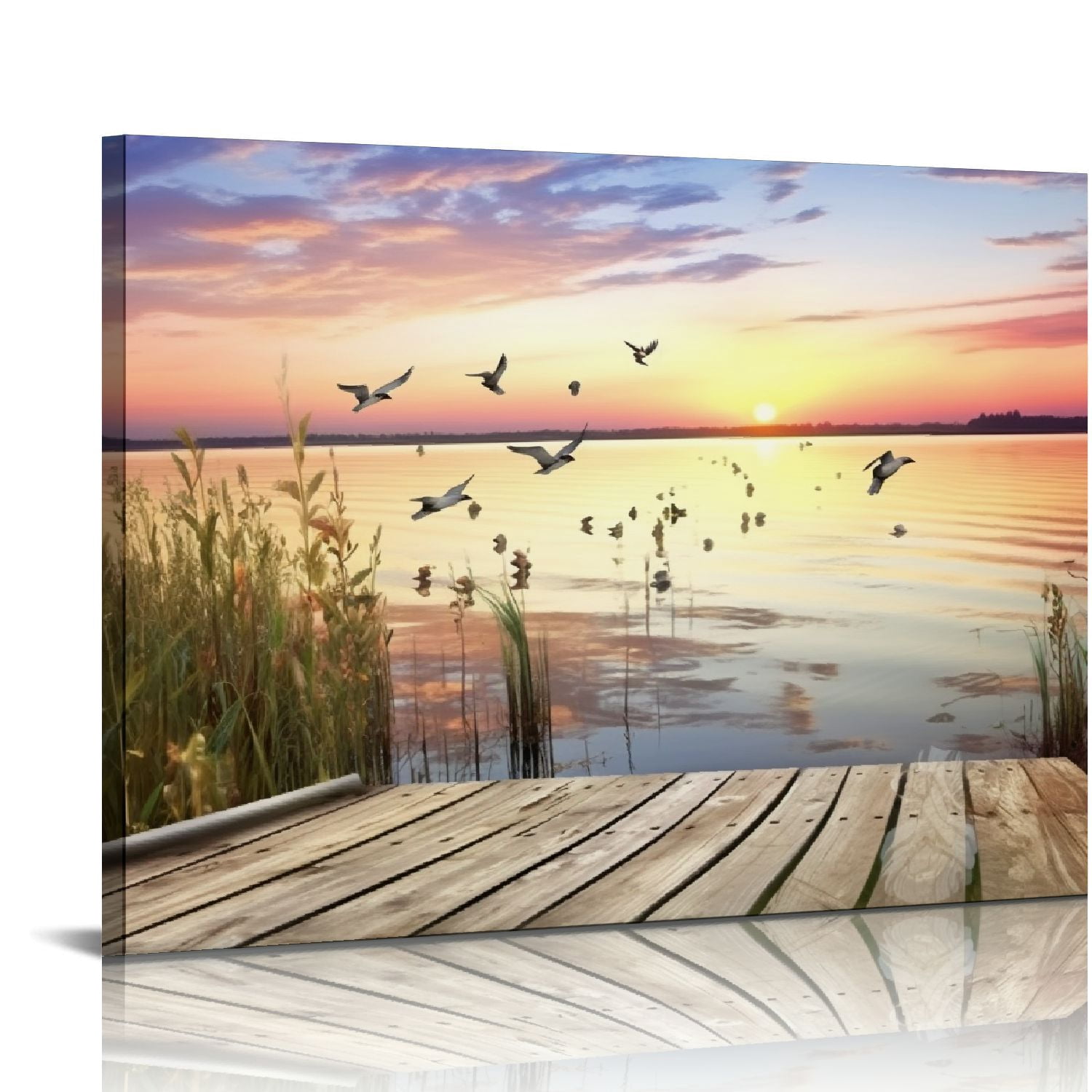Nawypu Canvas Wall Art Lake Dock Sunset Scenery With Flying Birds ...