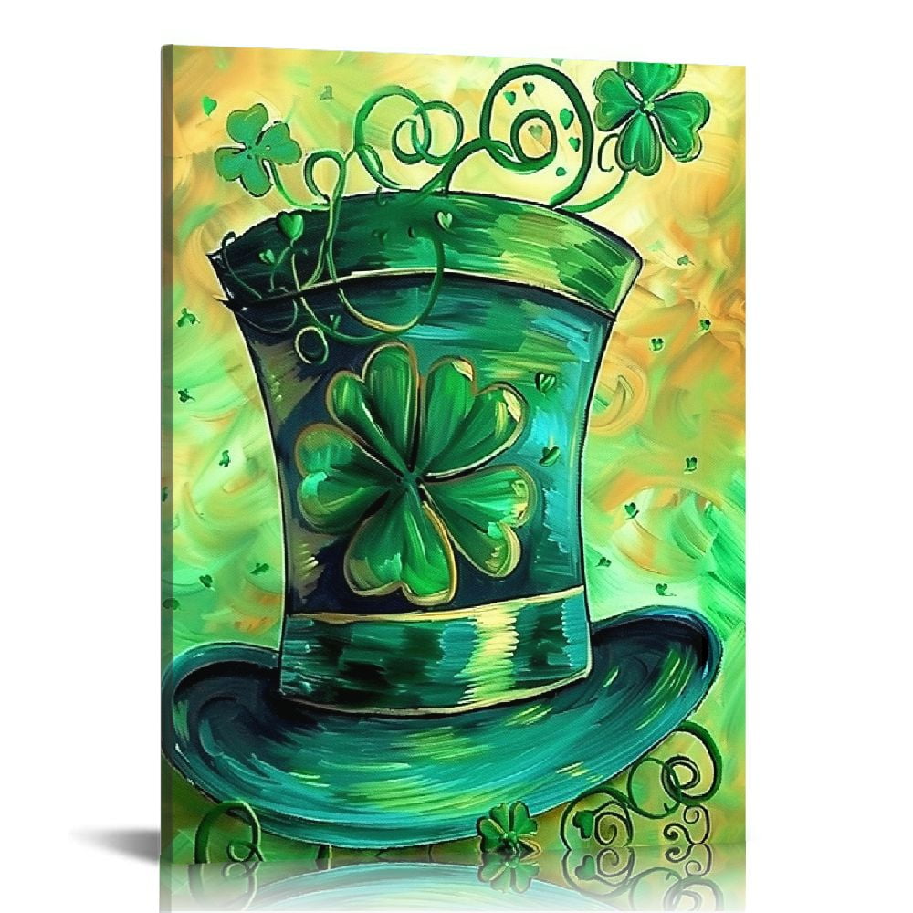 Nawypu Canvas Wall Art for Living Room Shamrock Hat With Four Clover ...