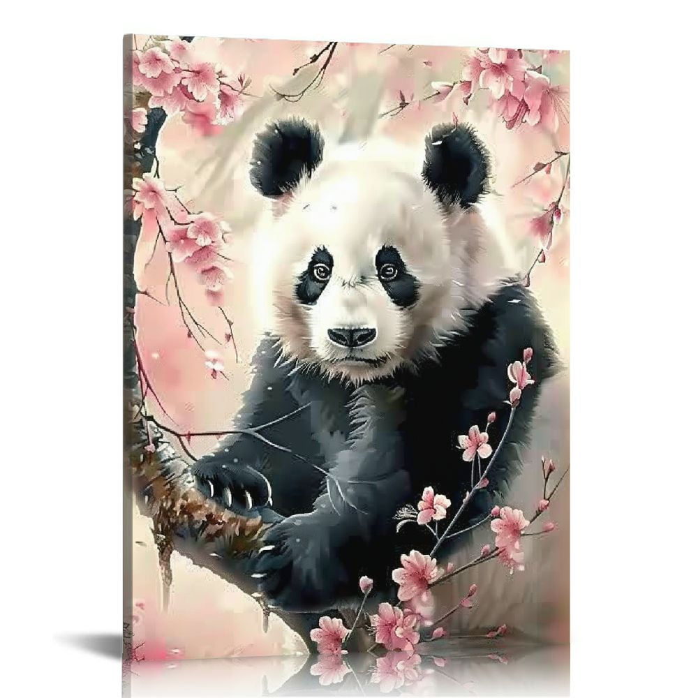 Nawypu Canvas Wall Art,Peach Blossom Tree Panda Print Canvas Painting ...