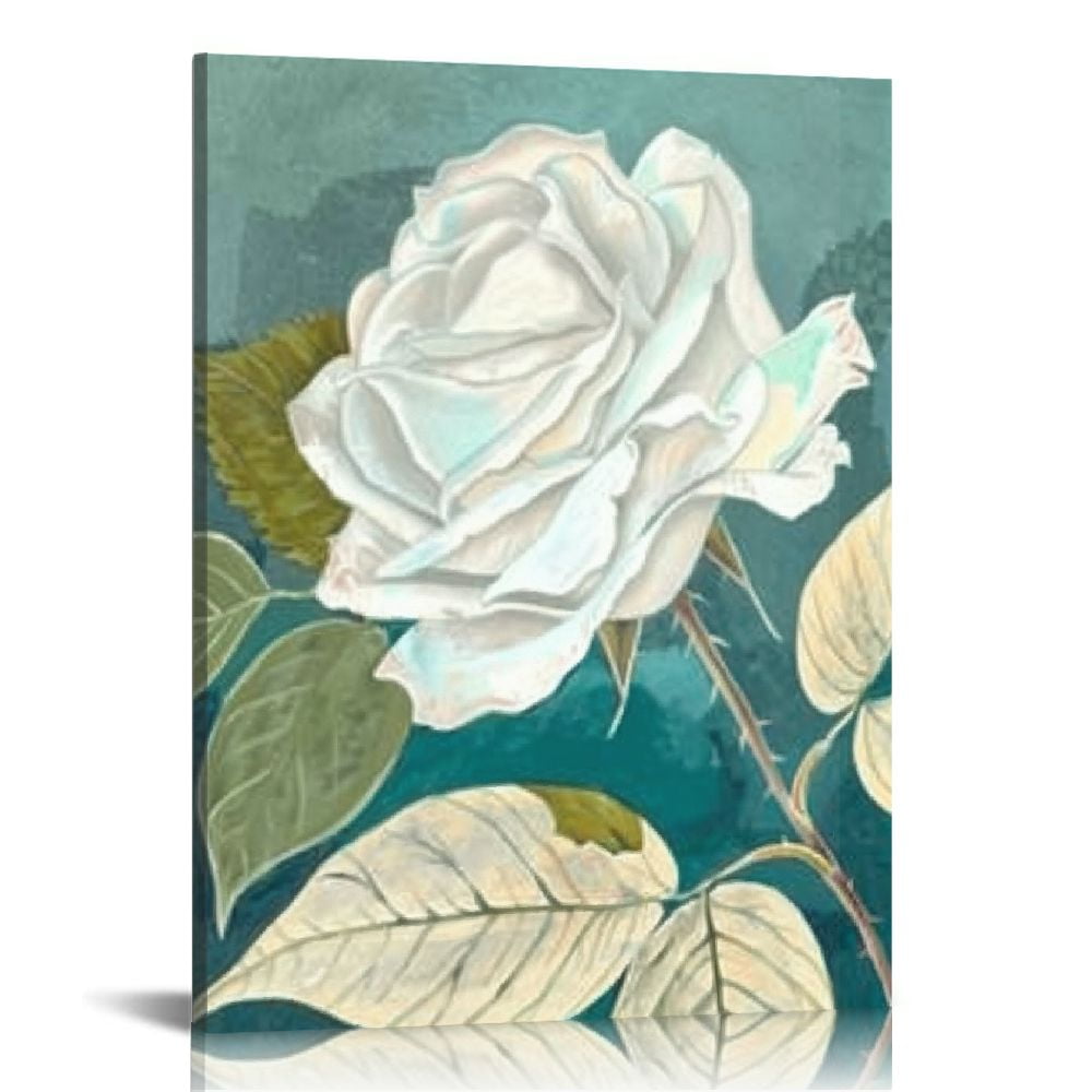 Nawypu Canvas Wall Art Print Blue Leaf White Rose Canvas Art Painting ...