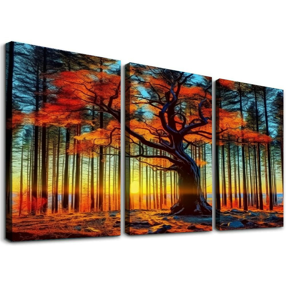 Nawypu Canvas Wall Art Red Trees Forest Sunset Panoramic Fall Scenery ...
