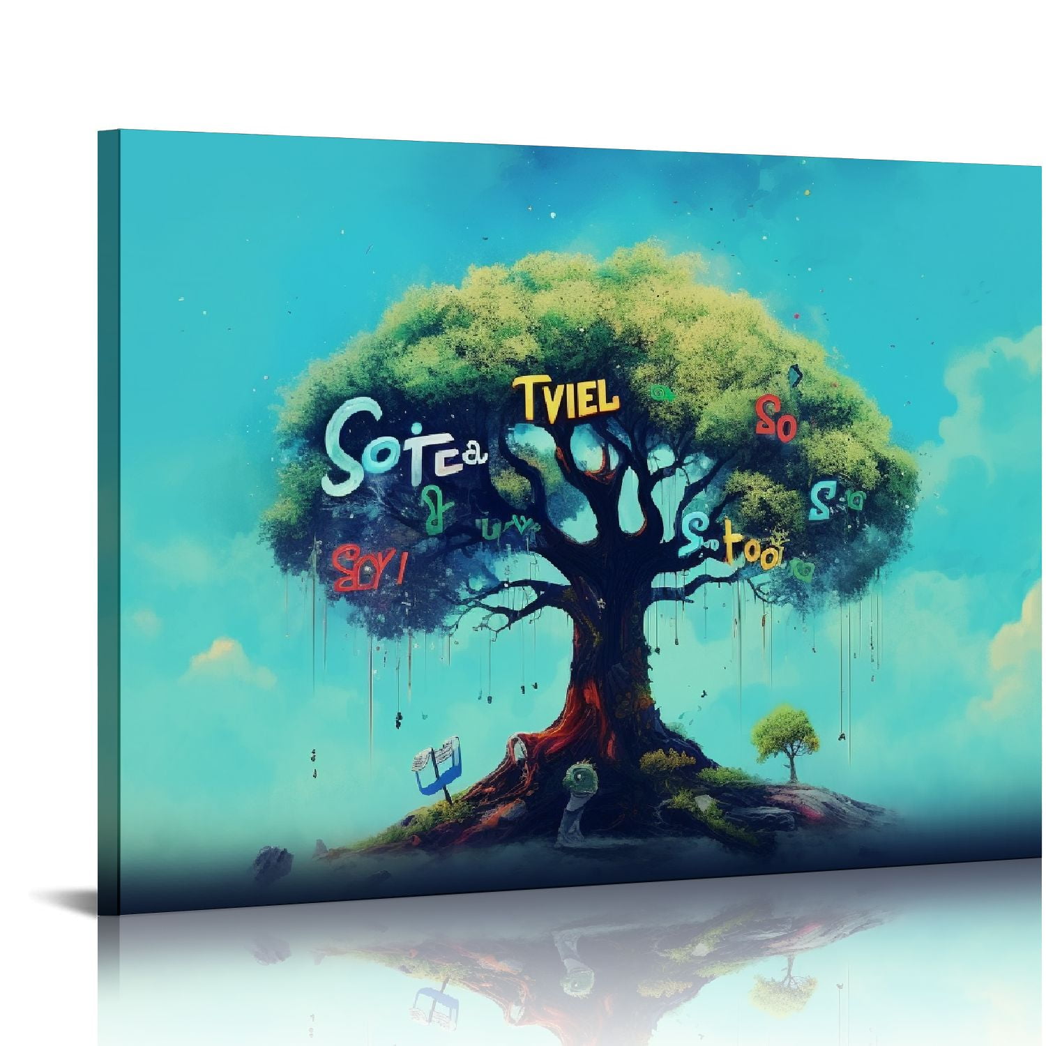 Nawypu Canvas Wall Art Teal Tree Graffiti Blue Picture Large Canvas ...