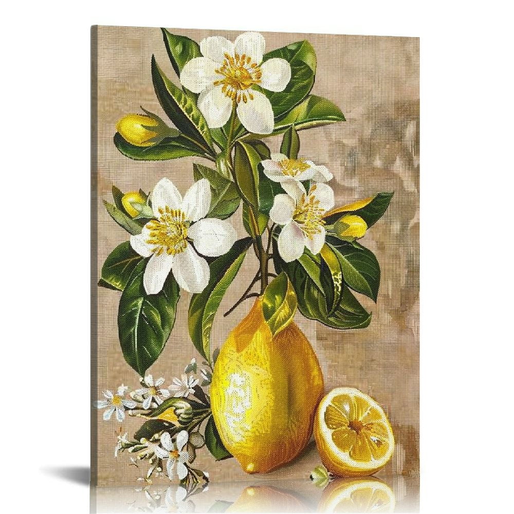 Nawypu Canvas Wall Art Yellow Lemon and White Flowers with Branches and ...