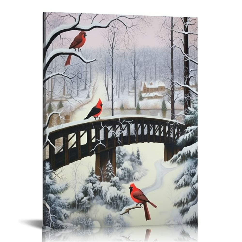 Nawypu Cardinal Snowy Bridge Canvas Wall Art - Lighted Print Cardinals ...
