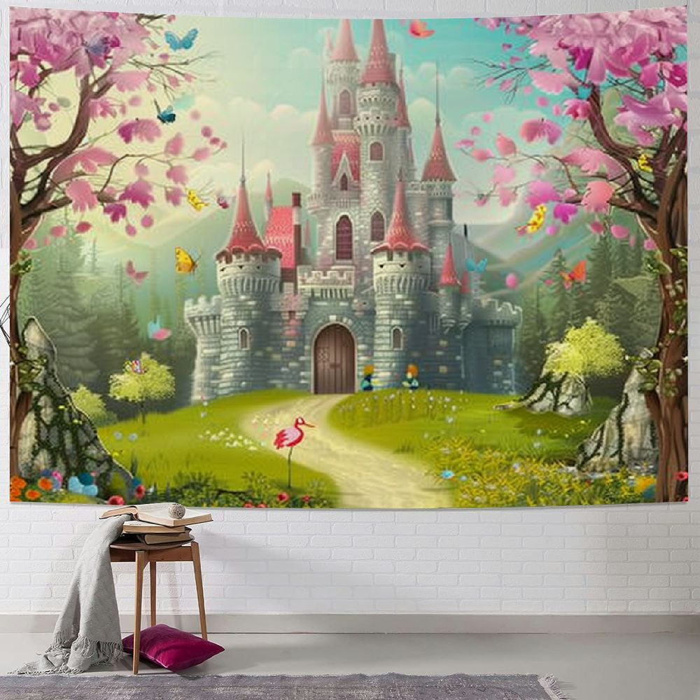 Nawypu Cartoon Tapestry, Fairy Tale Castle Scenery in Floral Garden ...