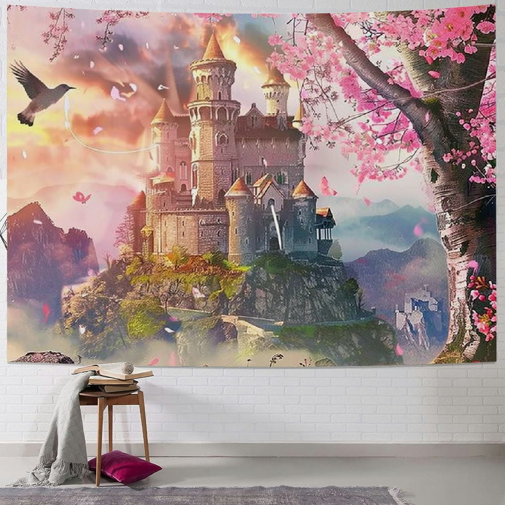 Nawypu Castle Tapestry Pink Flower in Fantasy Forest Wall Hanging ...