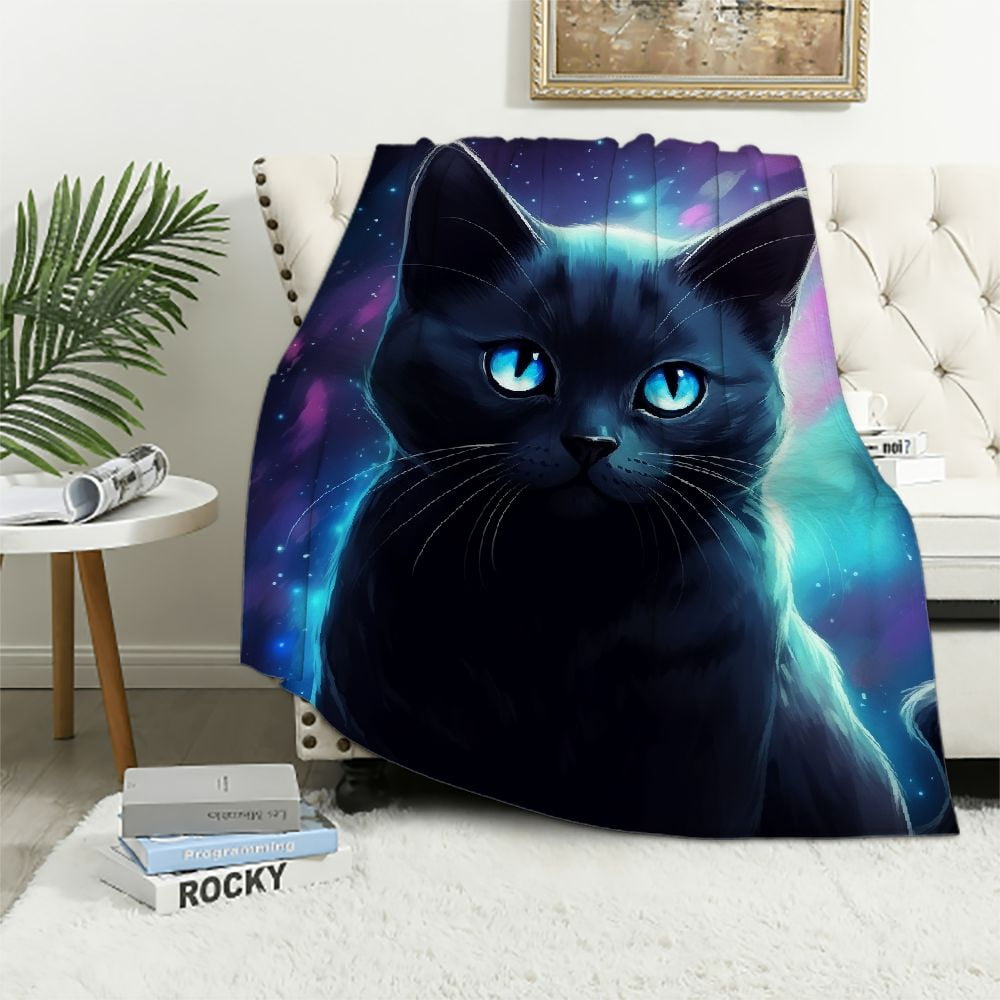 ONETECH Cat Blanket, Cute Black Cat in Blue Purple Galaxy Throw Blanket ...