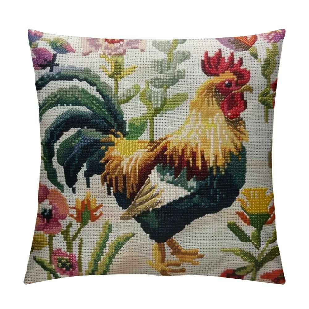 Nawypu Chicken and Rooster Throw Pillow Cover in The Grass on White ...